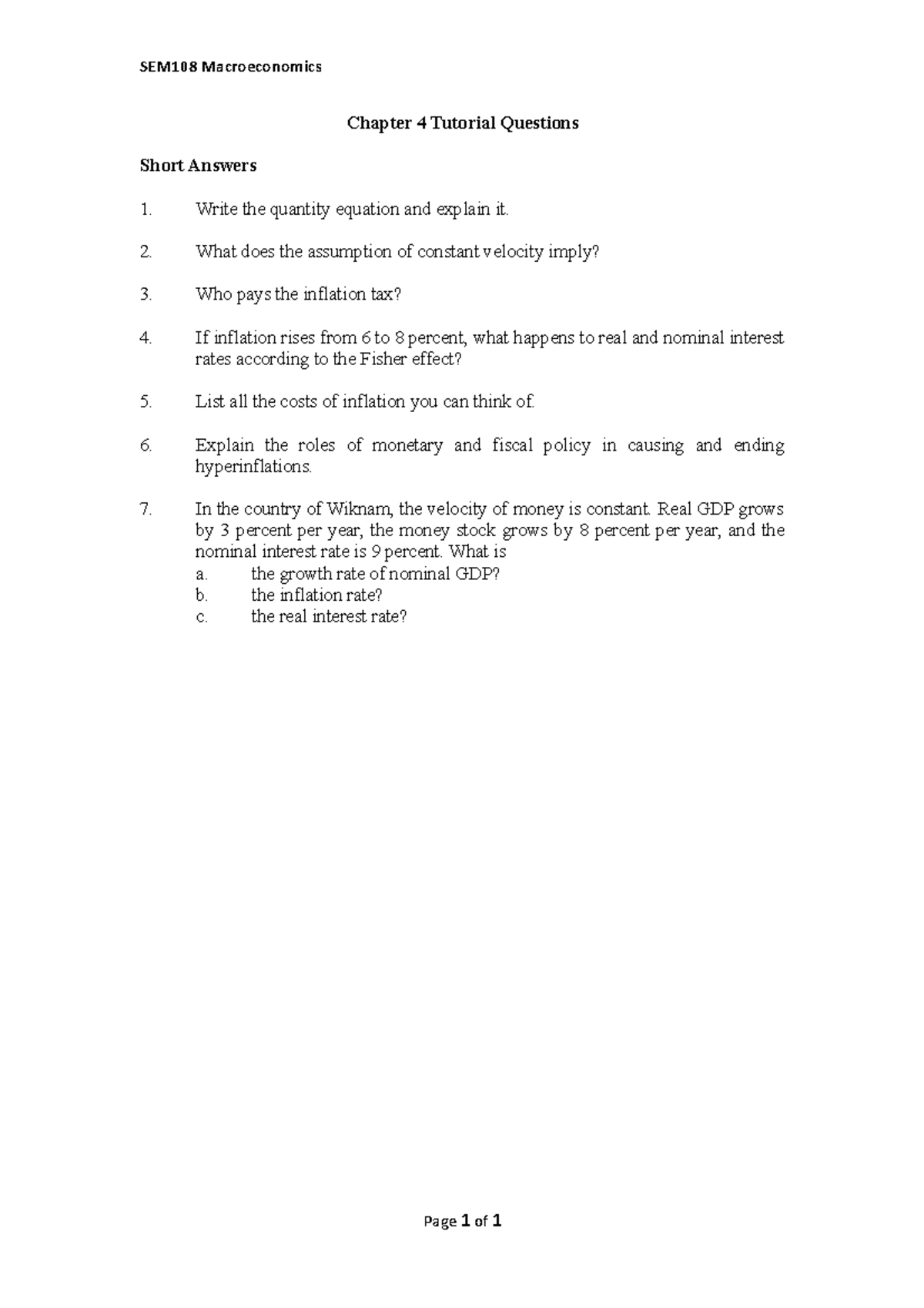 SEM108 Macroeconomics Chapter 4 Tutorial Questions & Short Answers ...