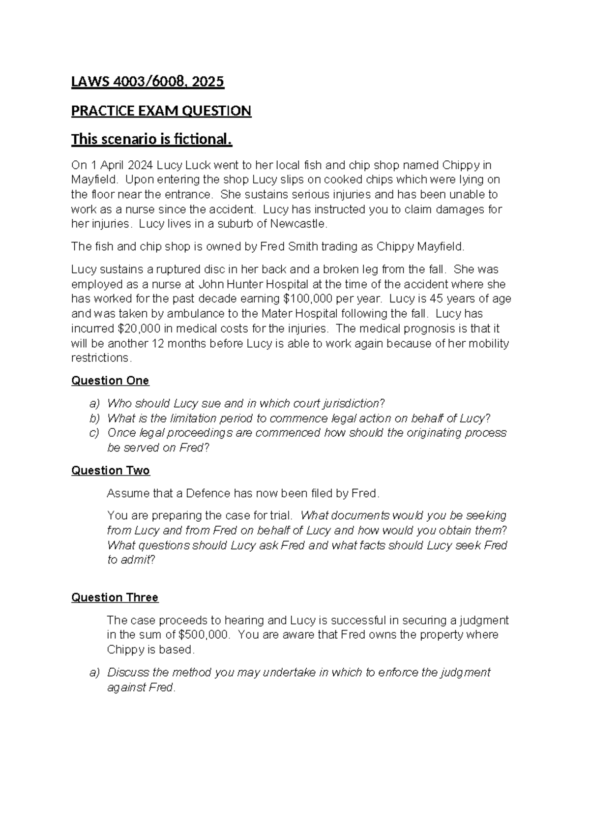 LAWS 2025 WEEK 12 PRACTICE EXAM SCENARIO ANALYSIS - Studocu
