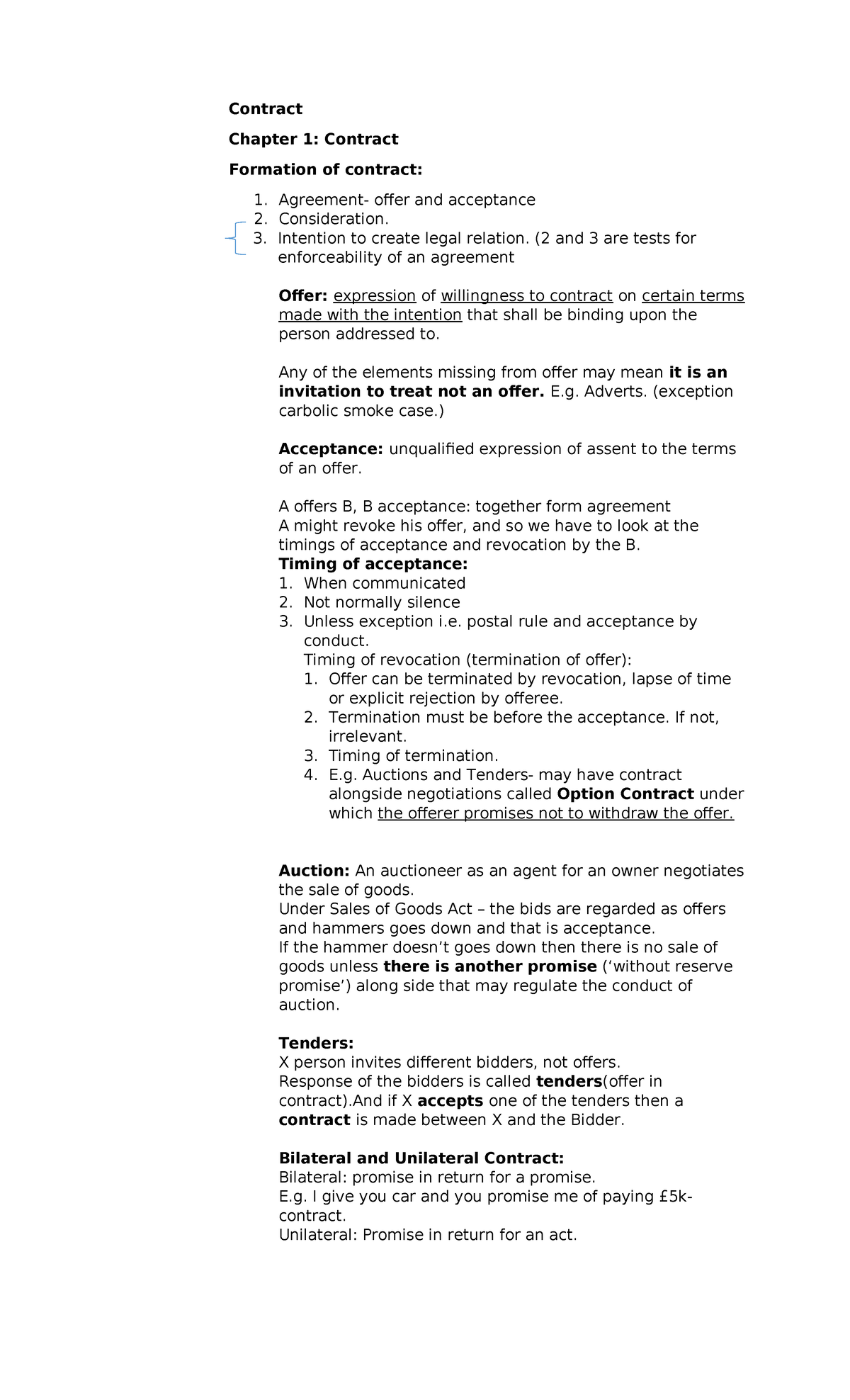 SQE Contract 1 and 2 - Contract Chapter 1: Contract Formation of contract: 1. Agreement- offer ...