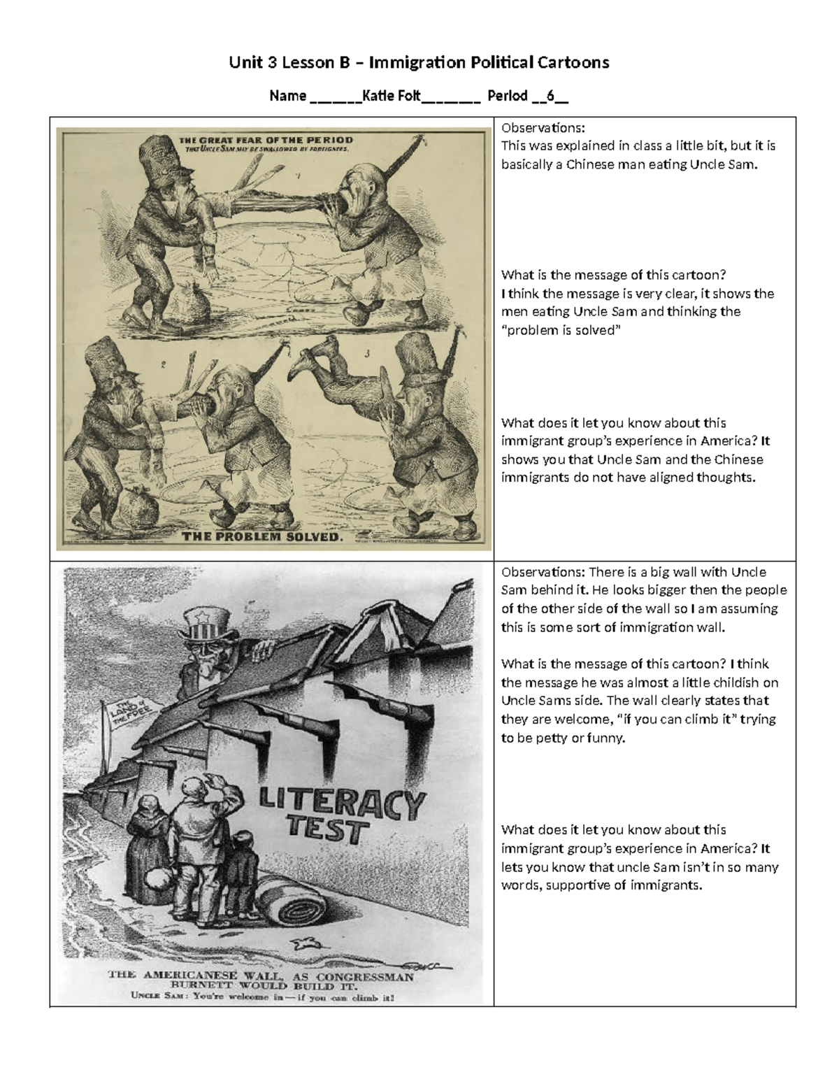 Unit 3 Lesson B: Immigration Political Cartoons Activity Analysis - Studocu