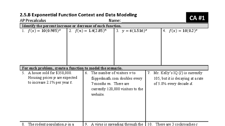 2.5.B Exponential Functions & Data Modeling Practice AP Precalculus - Studocu