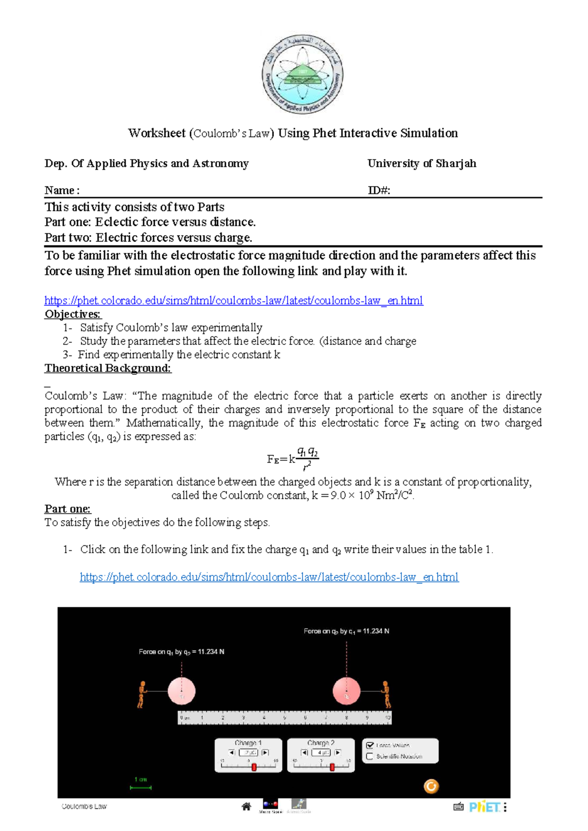 Coulomb's Law Worksheet (PHYS 101) Using Phet Interactive Simulation ...