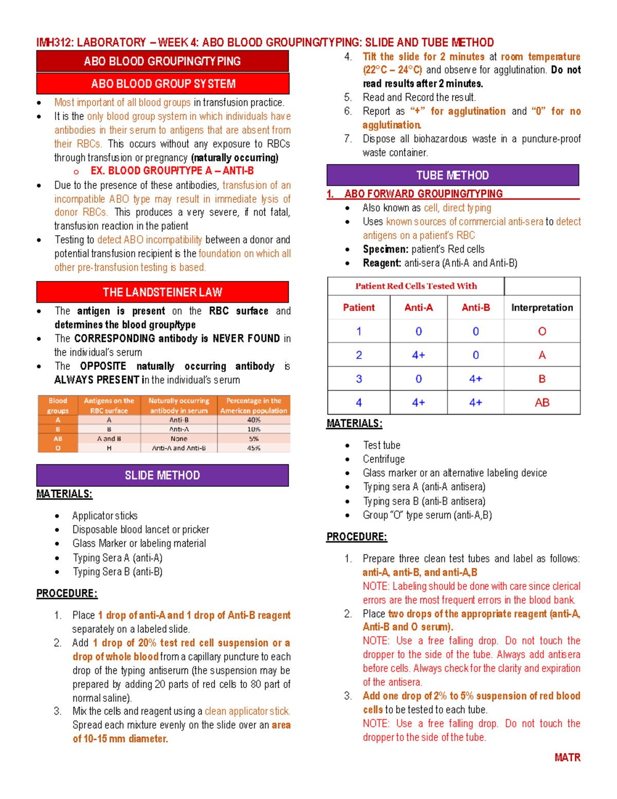 IMH312: Lab Week 4 - ABO Blood Group Typing: Forward & Reverse Methods ...