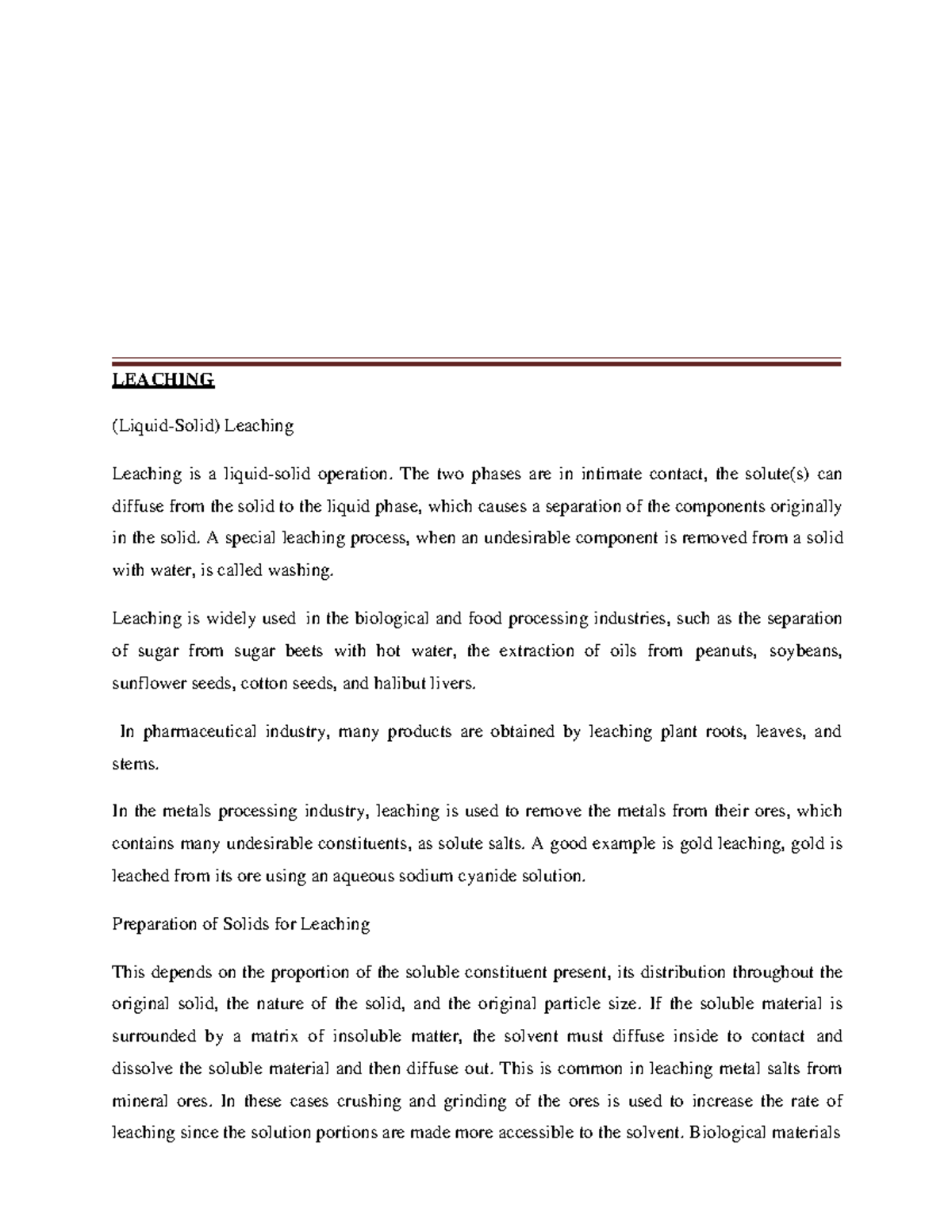 Liquid-Solid Leaching Notes for Chem 301: Essential Concepts and ...