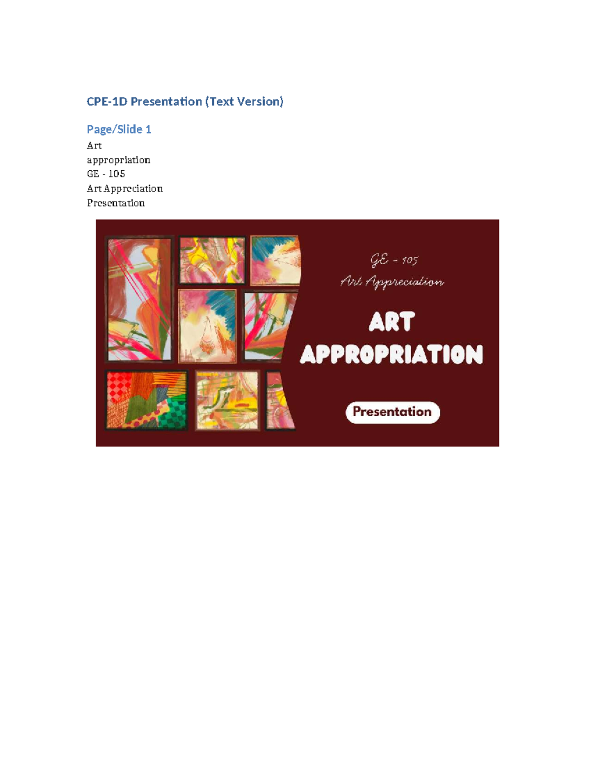 Art Appropriation: Understanding Cultural Contexts in GE 105 - Studocu
