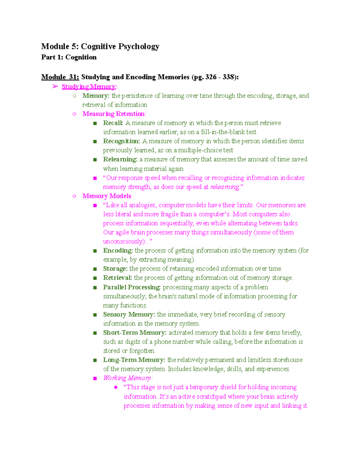 AP Psychology Unit 5, Part 1 Outline - Module 5: Cognitive Psychology ...