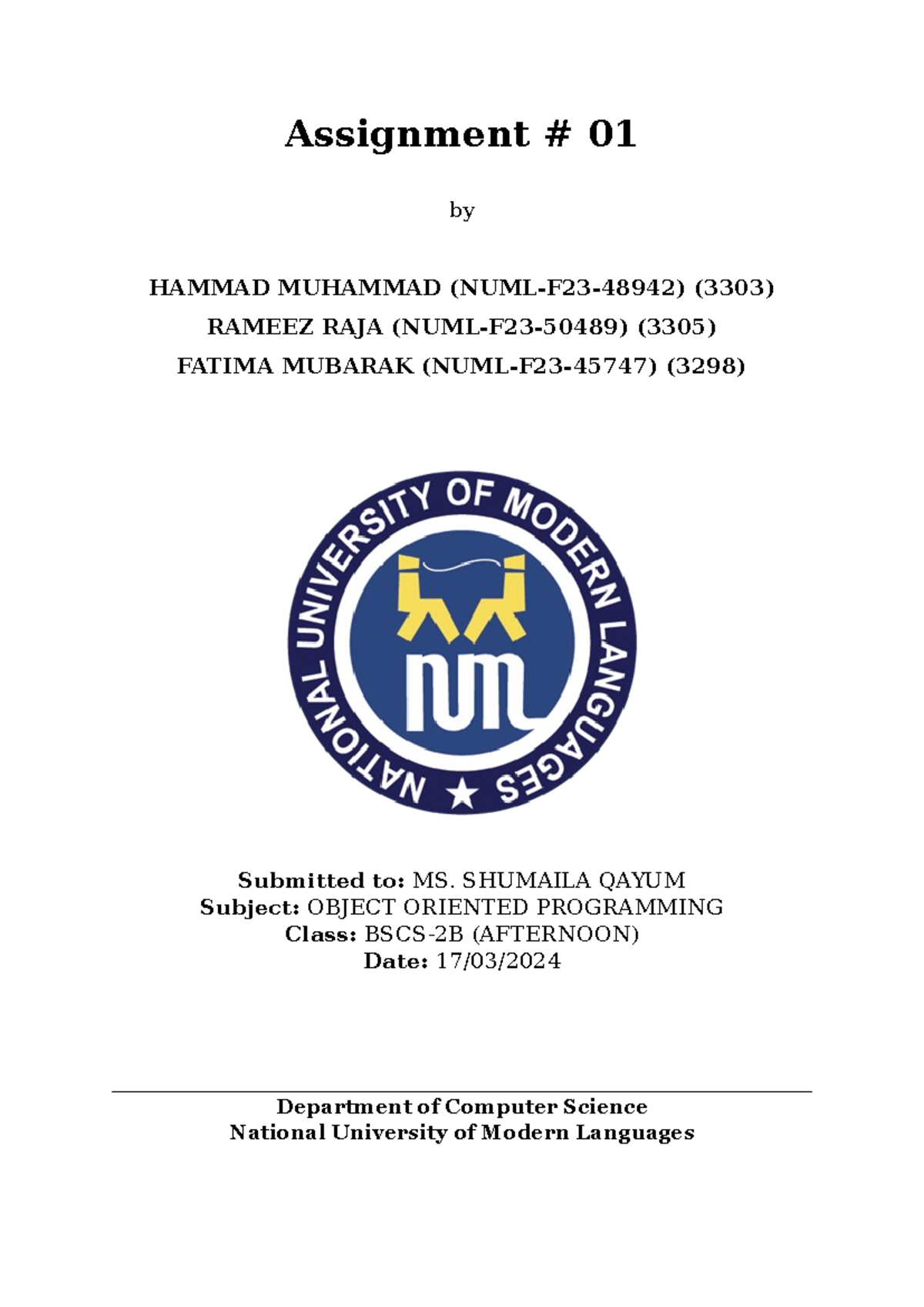 OOP(Assignment#1)final-final - Assignment # 01 by HAMMAD MUHAMMAD (NUML ...