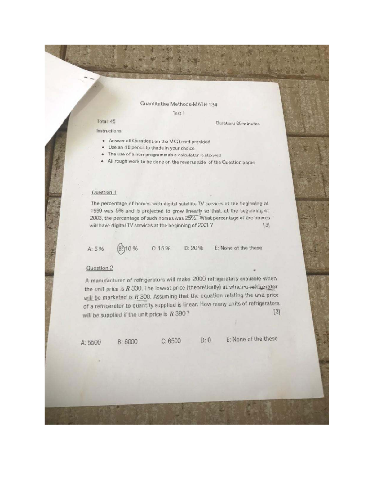 MATH 134 Quantitative Methods Test 1 Past Paper Review - Studocu