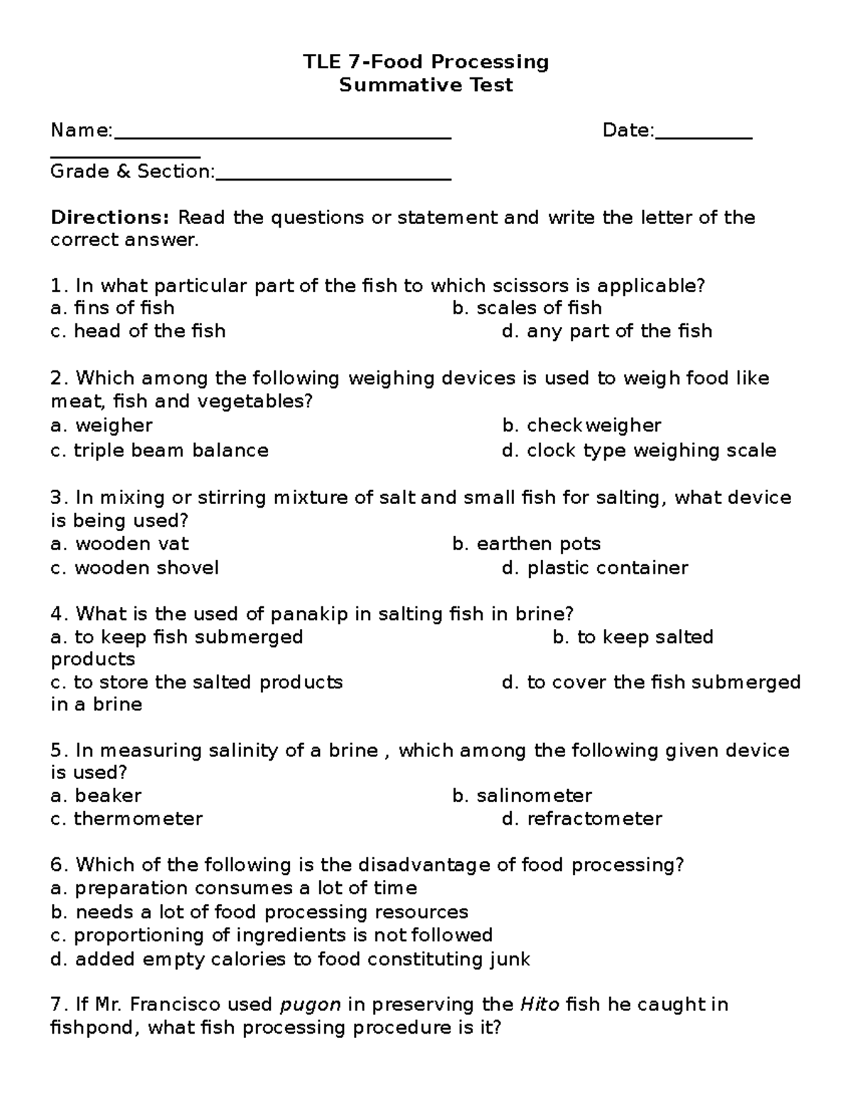 TLE 7 - Food Processing Summative Test Review and Practice Questions ...