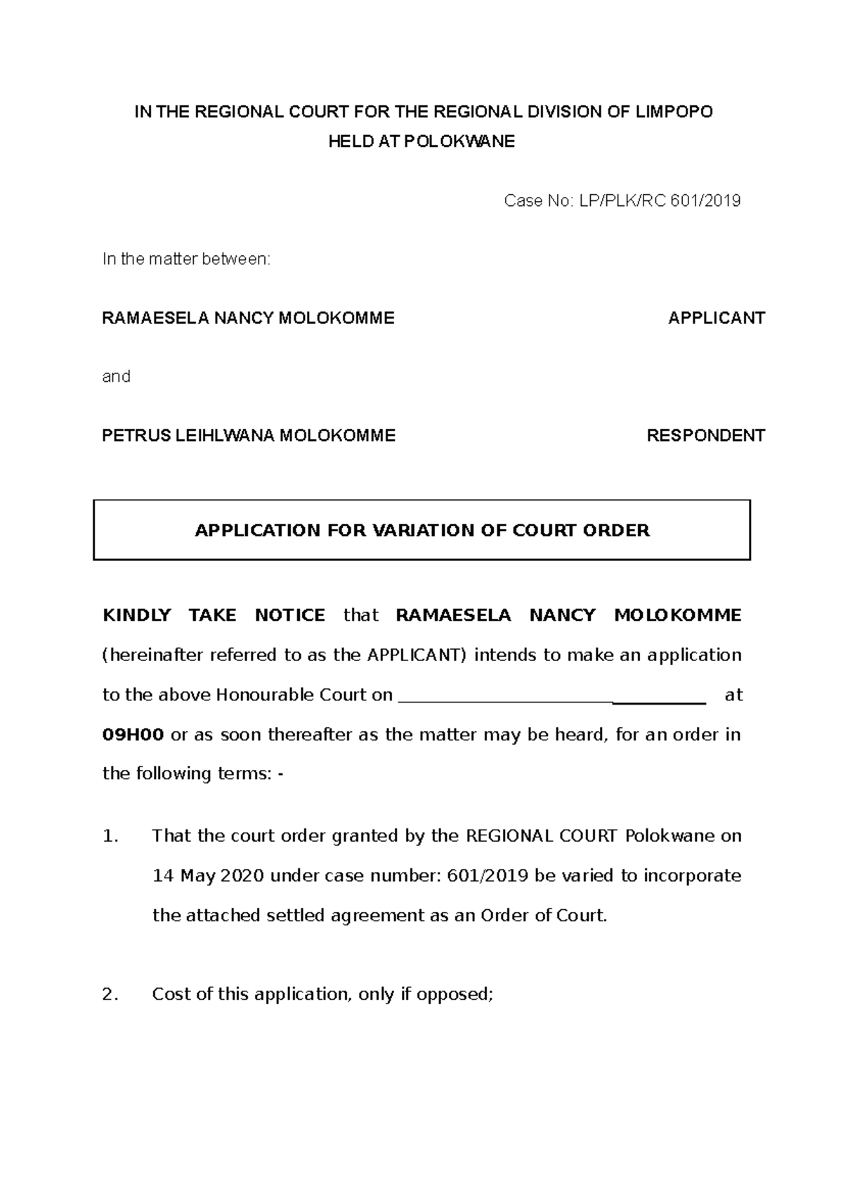 Notice of Application for Variation of Court Order - LP/PLK/RC 601 ...