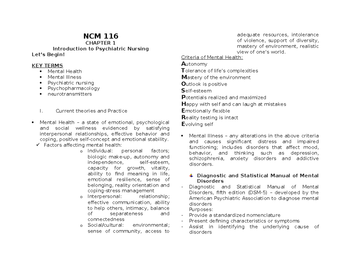 NCM 116 CHAPTER 1: Introduction to Psychiatric Nursing and Key Terms ...