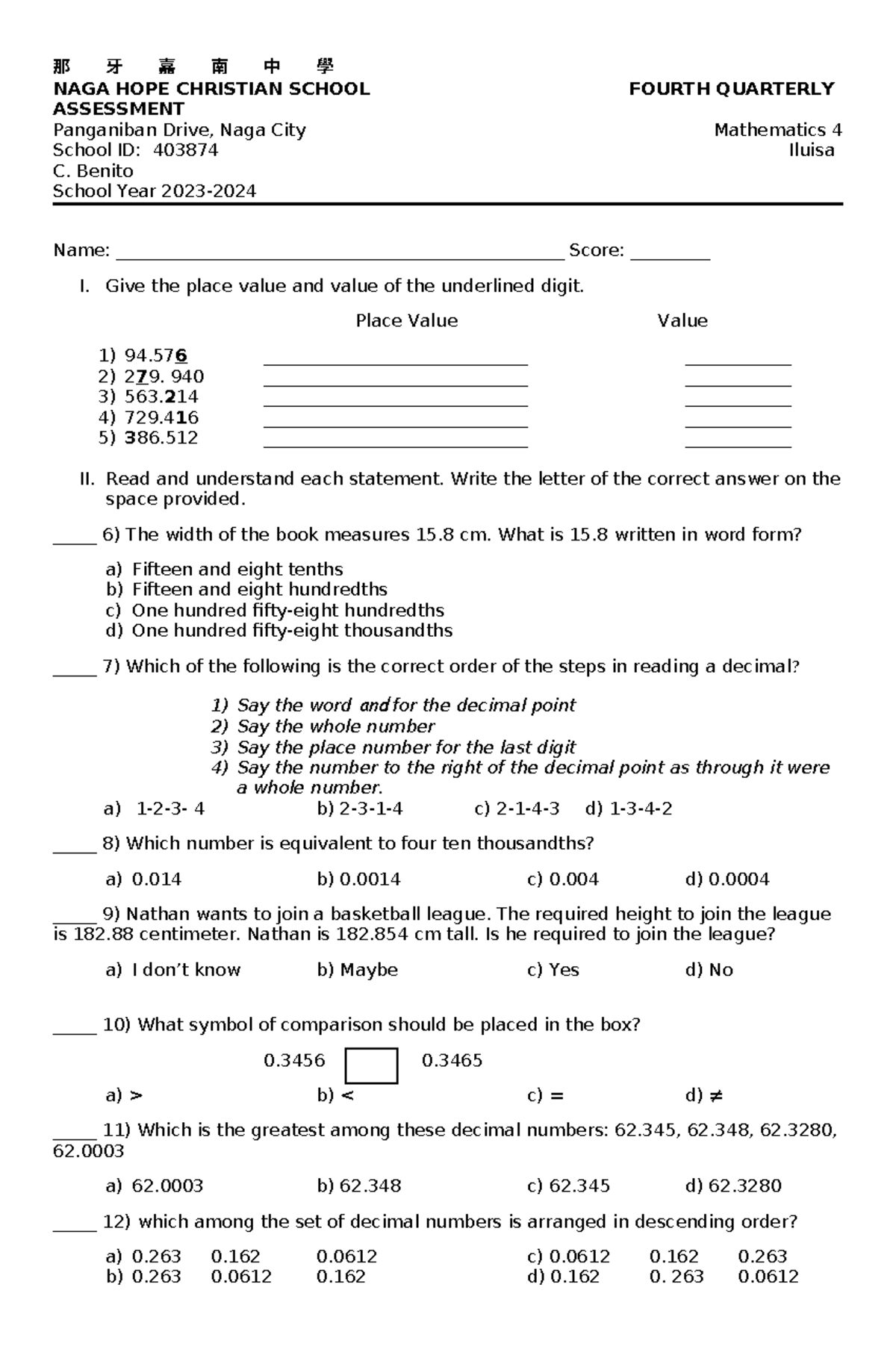 Mathematics 4 Quarterly Assessment - 4th Quarter Exam - Studocu