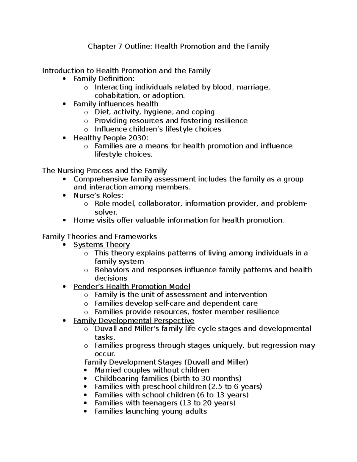 Chapter 7 Outline: Health Promotion and Family Nursing Care - Studocu