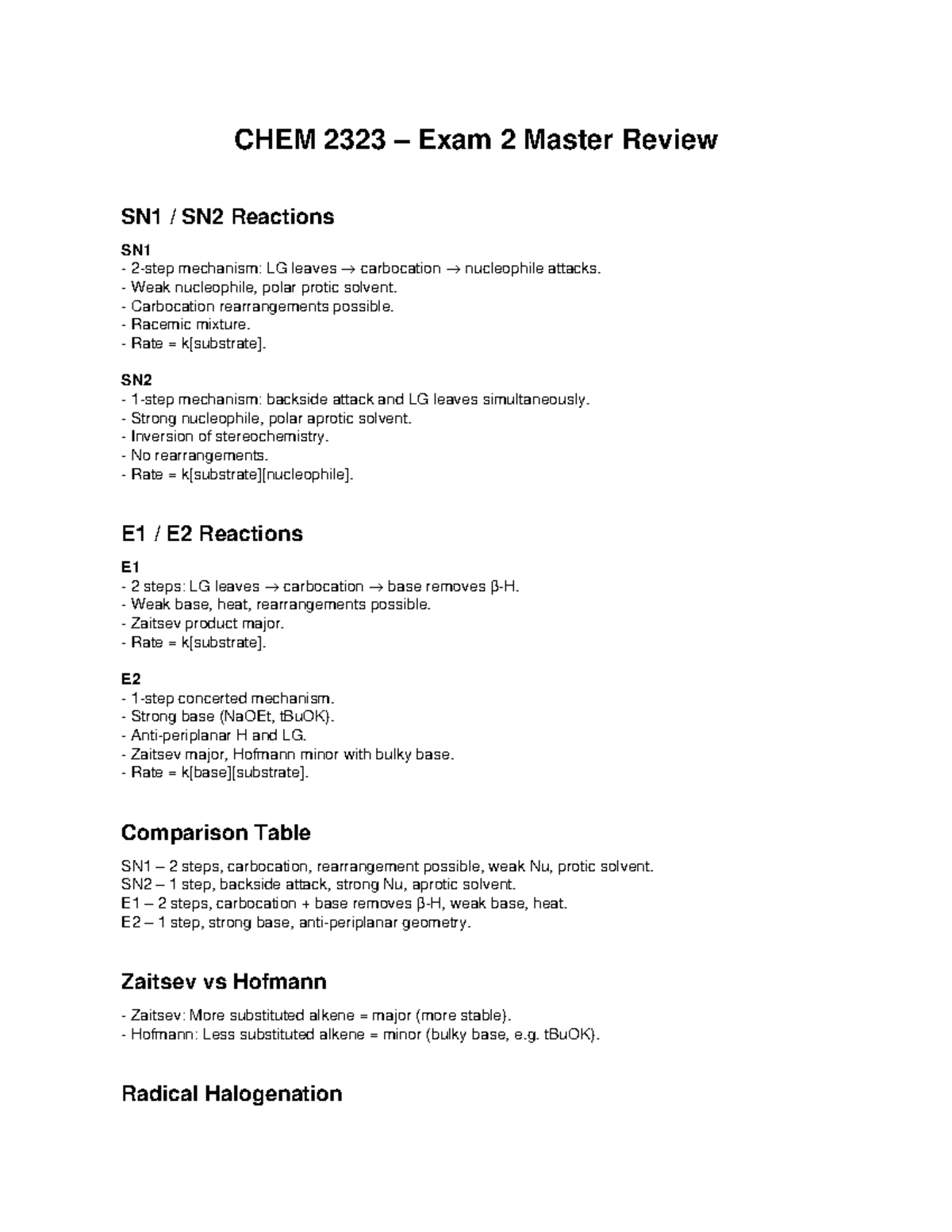 CHEM 2323 Exam 2 Comprehensive Review: SN1, SN2, E1, E2 Reactions - Studocu