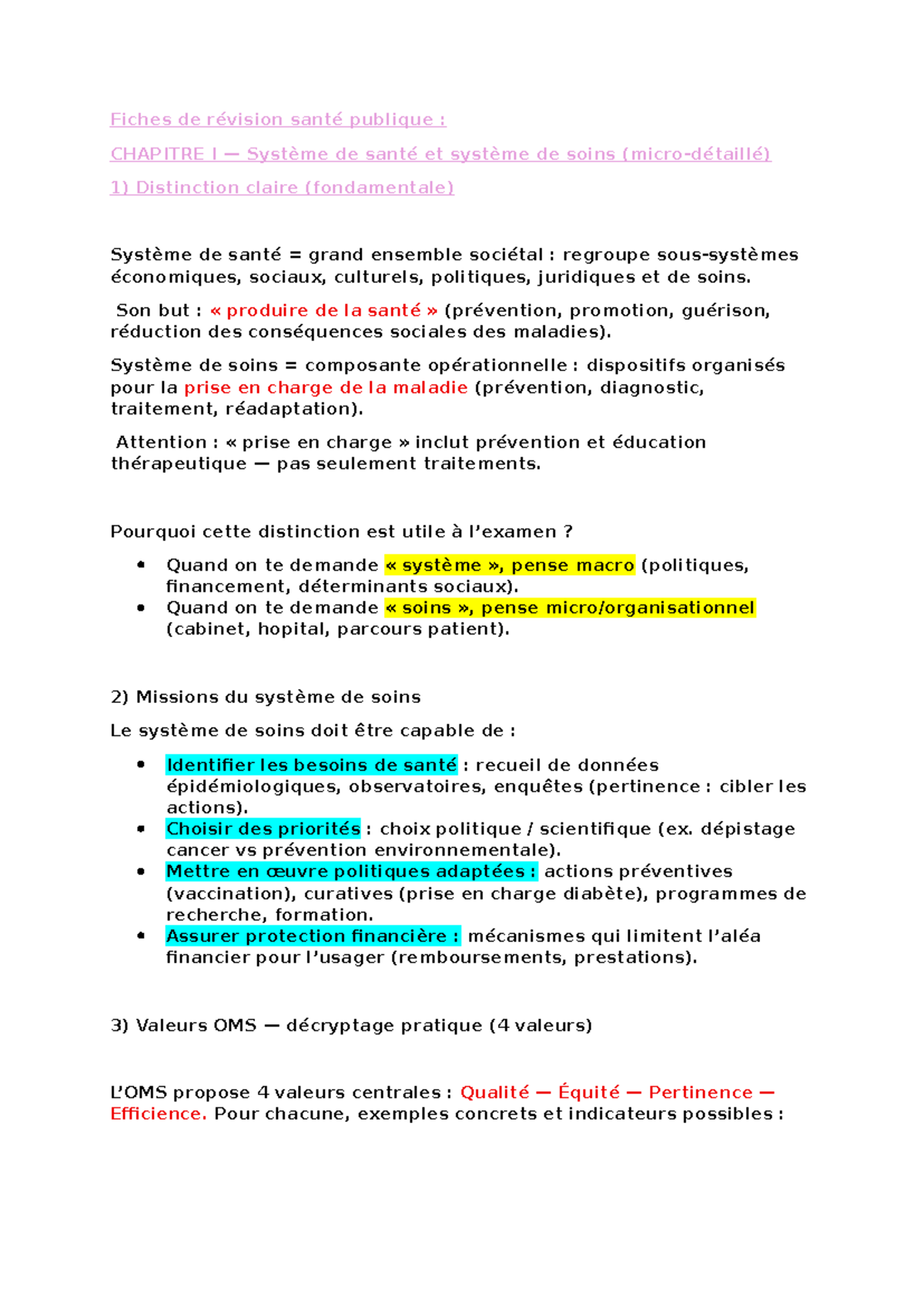 Fiches de révision santé publique : CHAPITRE I et II Système de santé ...