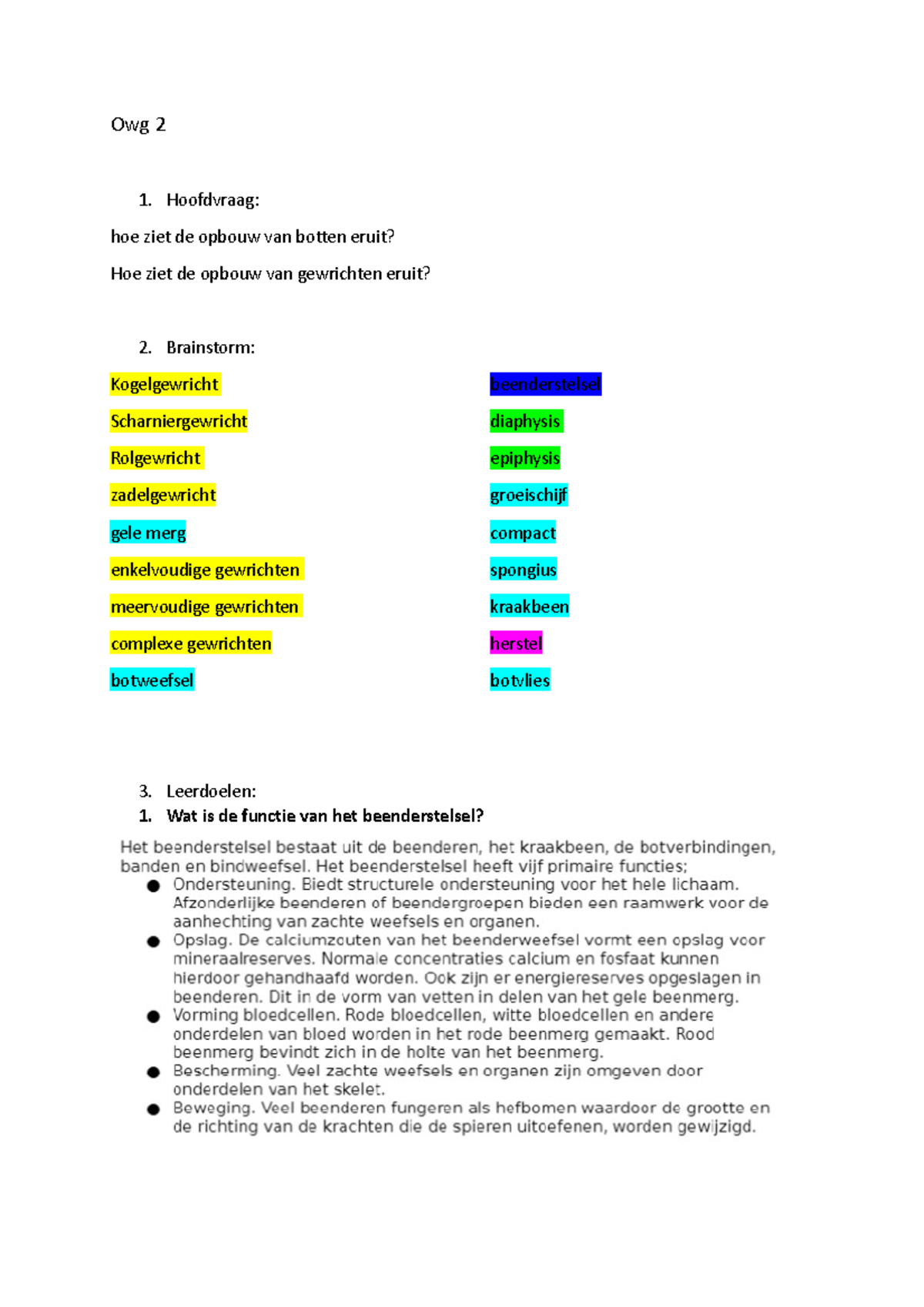 OWG2 - Bouw en Functie van Botten en Gewrichten in Detail - Studeersnel