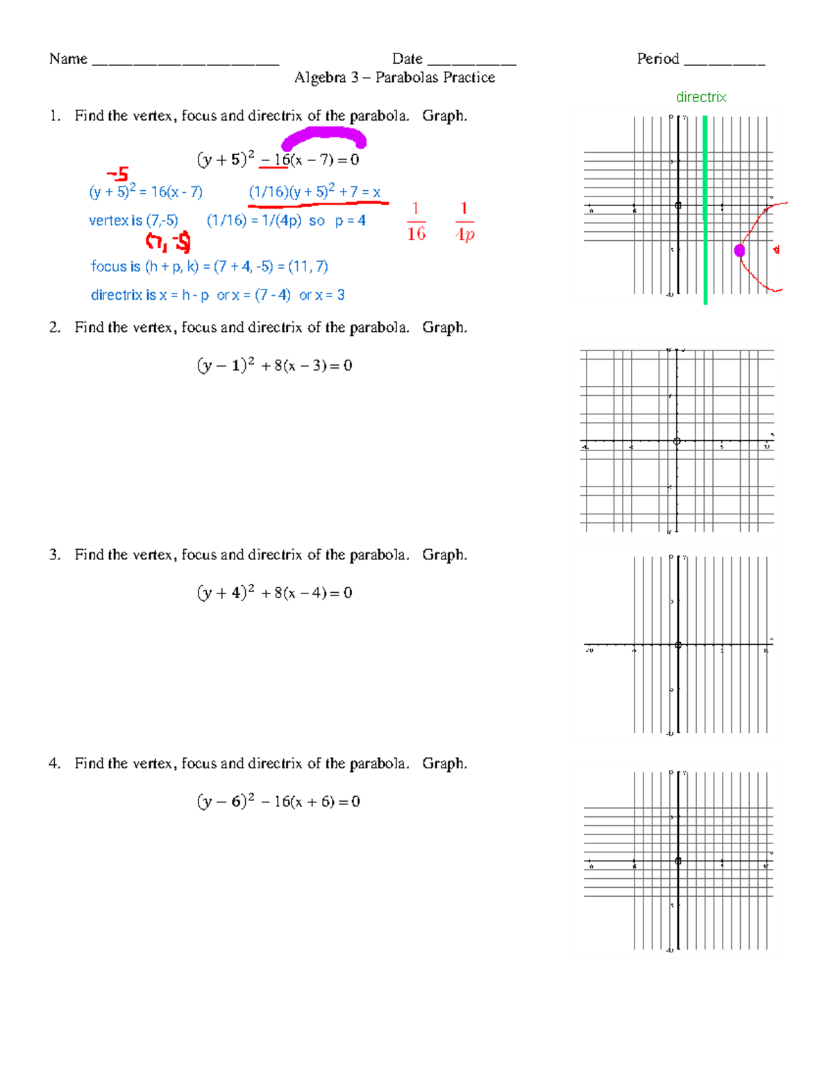 Algebra 3 Parabolas Practice - Lsn 2-3 Worksheet - Studocu