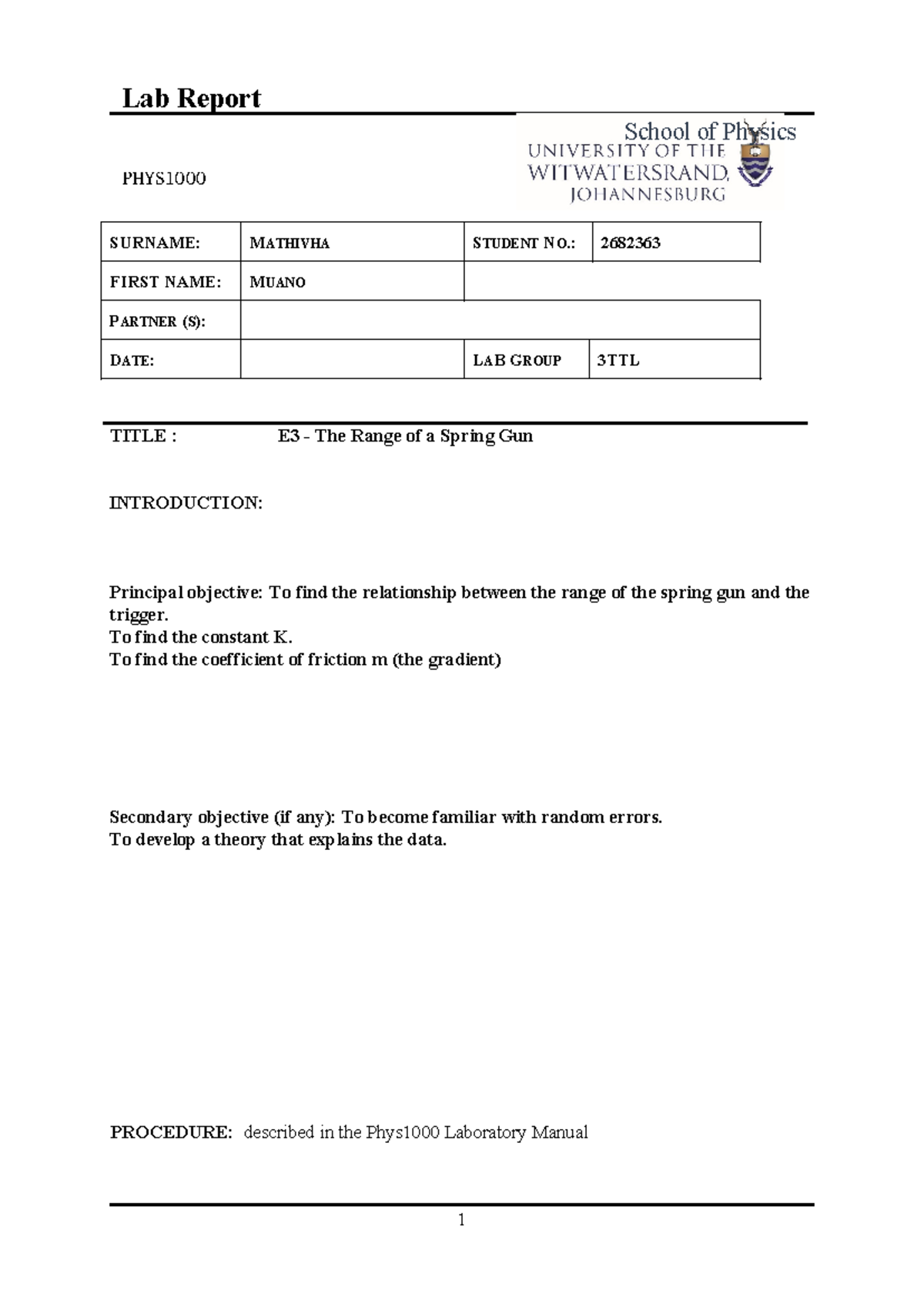 EXP03 - Spring Gun - Lab Report Template - Lab Report School of Physics ...