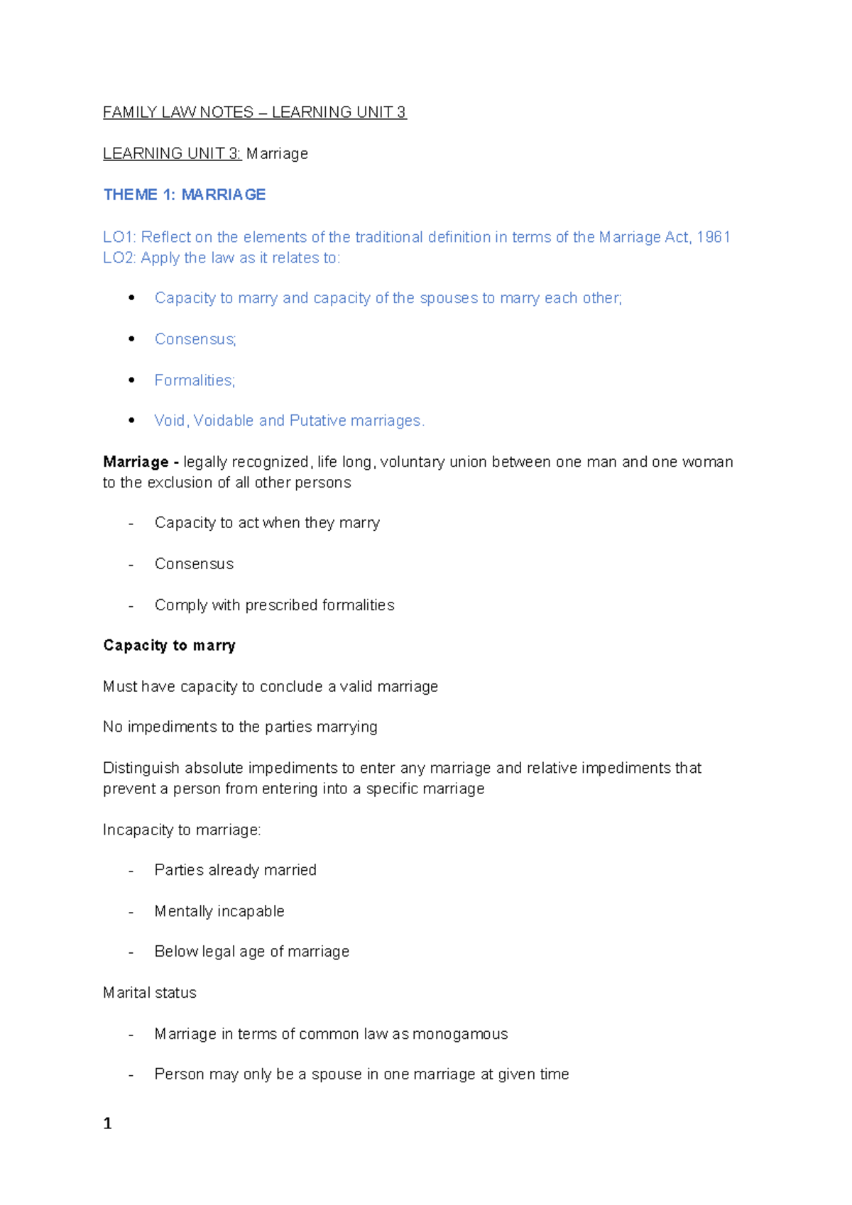 Family Law Overview: Learning Unit 3 Notes on Marriage Concepts - Studocu
