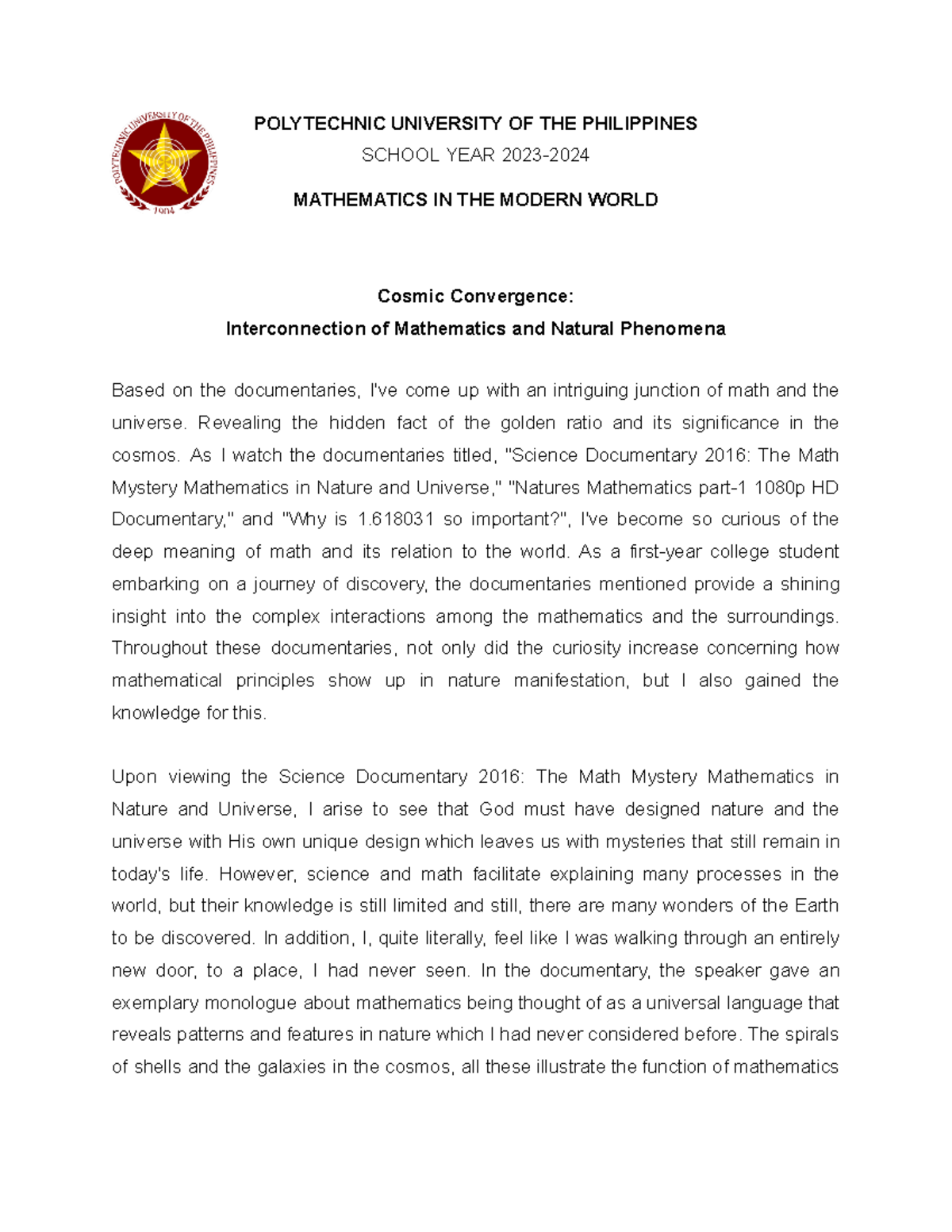 Reaction Paper: Cosmic Convergence in MMW - Math & Nature Insights ...