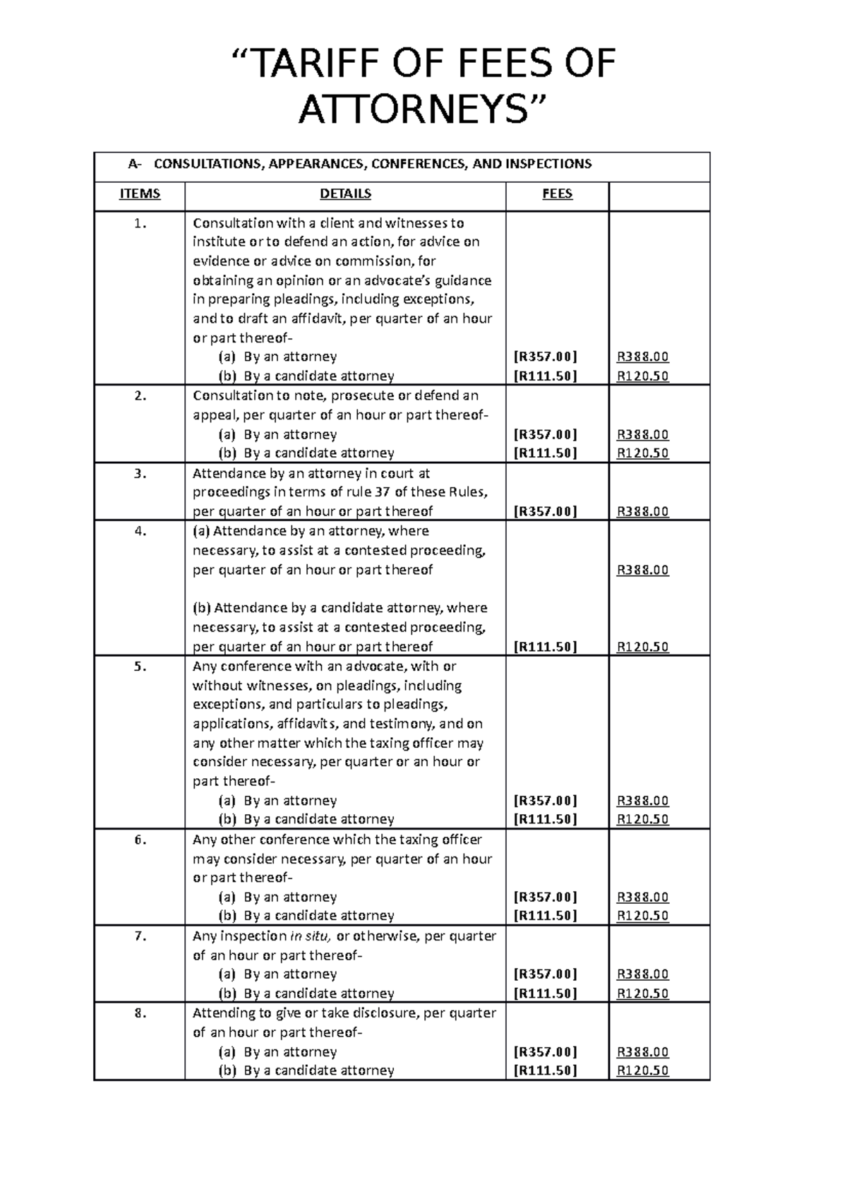 Tariff of Fees for Attorneys: Consultations, Appearances & Drafting ...