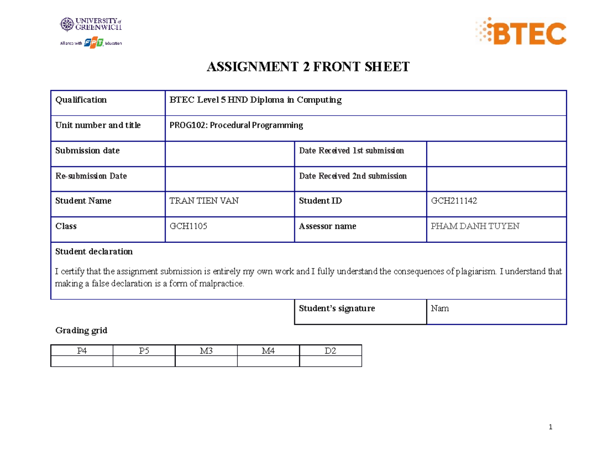 PROG102 Assignment 2 frontsheet 1 - ASSIGNMENT 2 FRONT SHEET Qualification BTEC Level 5 HND ...