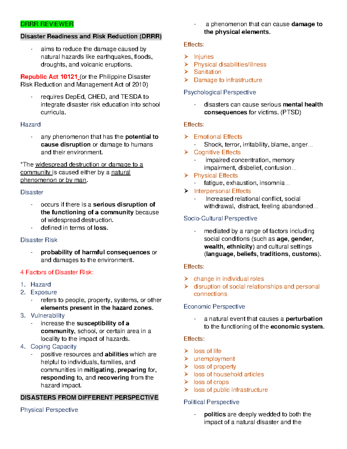 DRRR - 1st Quarter Comprehensive Reviewer on Disaster Management - Studocu