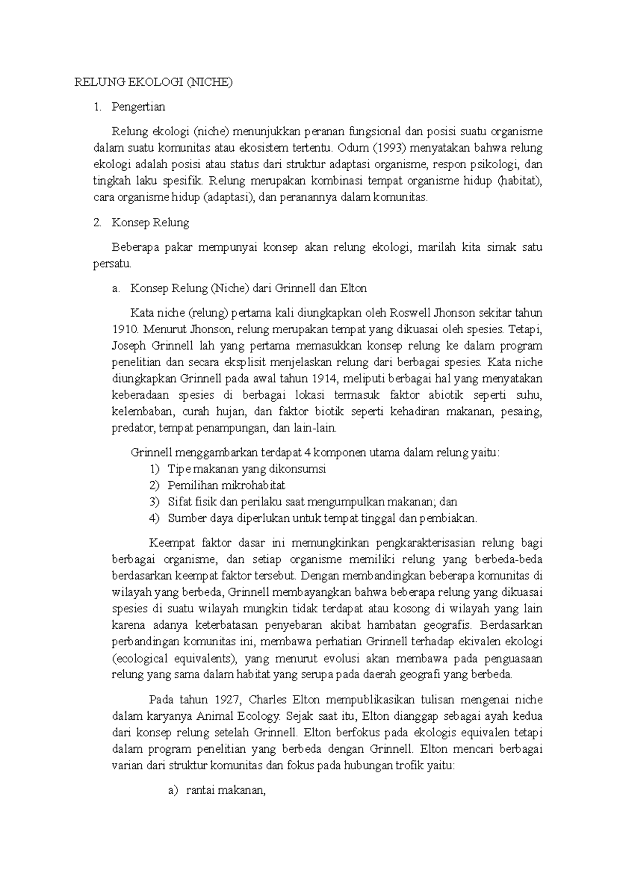 Ekologi Relung: Konsep dan Peran dalam Komunitas Organisme - Studocu