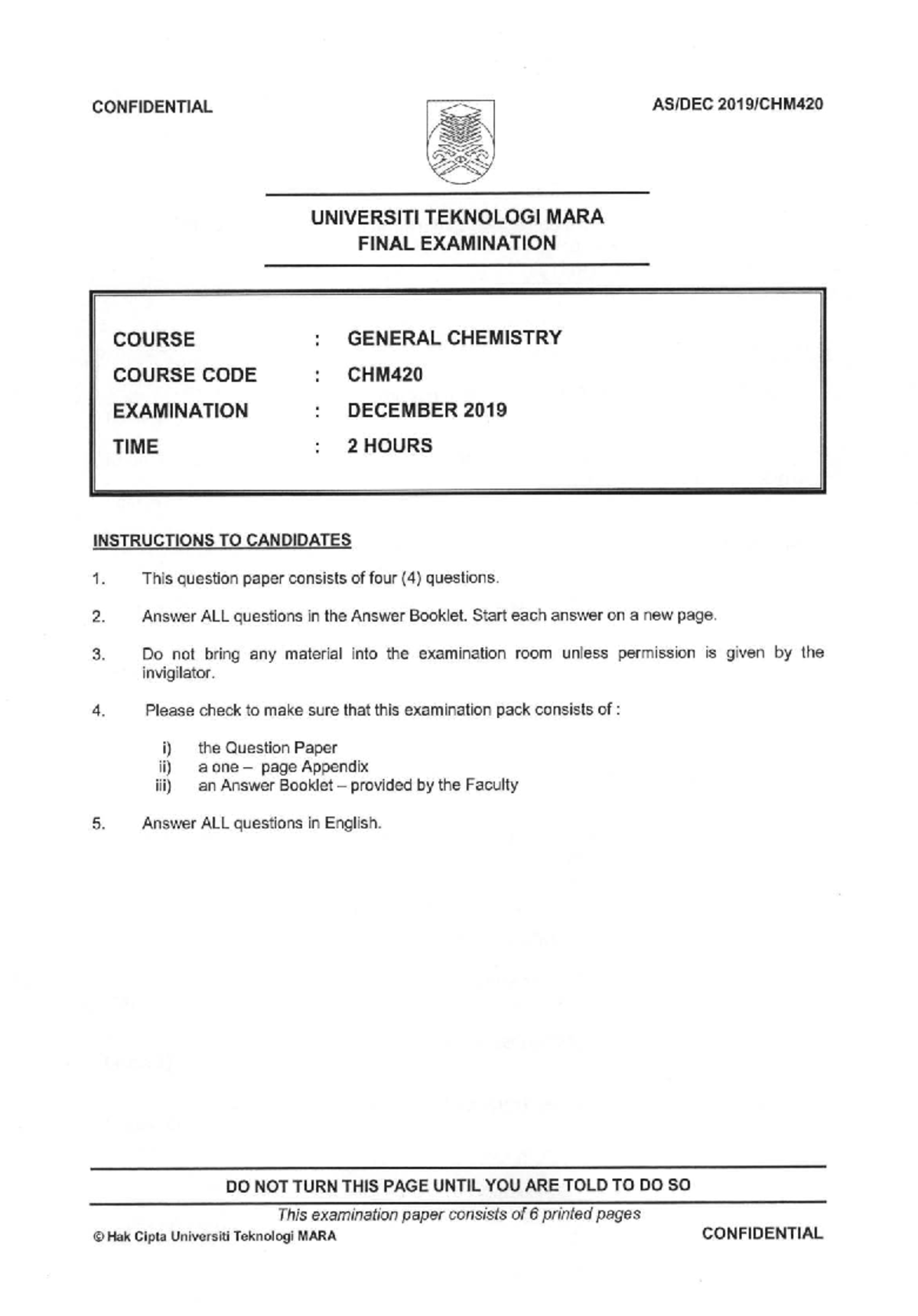 CHM420 Final Exam Paper - General Chemistry December 2019 - Studocu