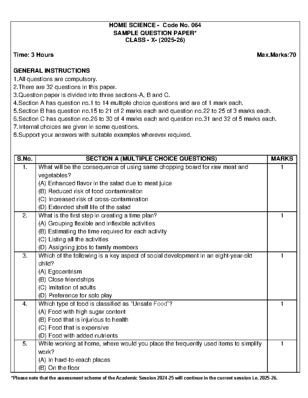Home Science Code No. 064 Sample Question Paper for Class Exam - Studocu