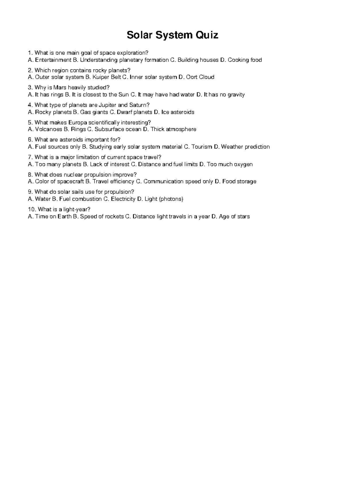 Solar System Quiz 1: Key Concepts and Questions - Studocu