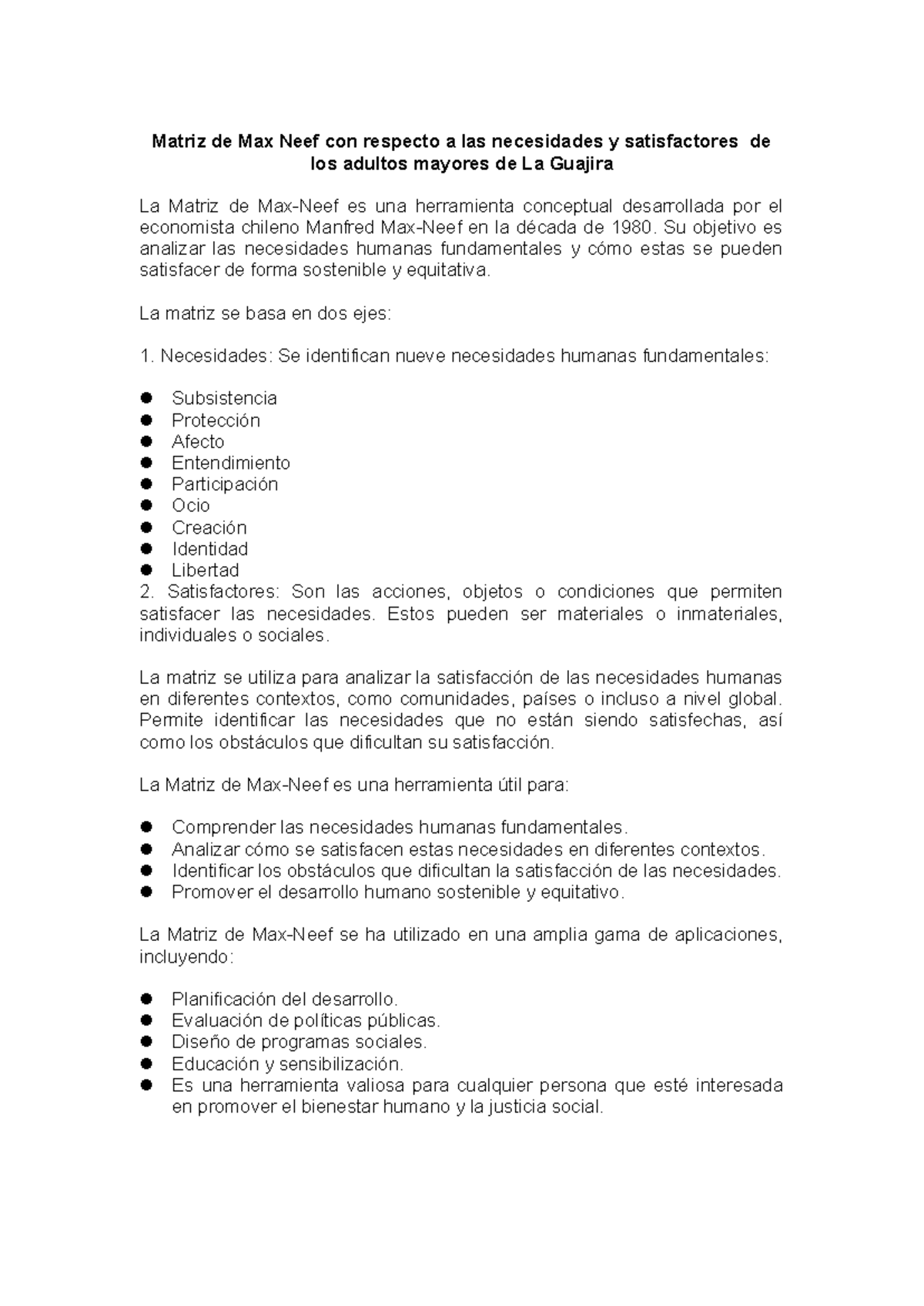 Matriz de Max Neef para Necesidades de Adultos Mayores en La Guajira ...