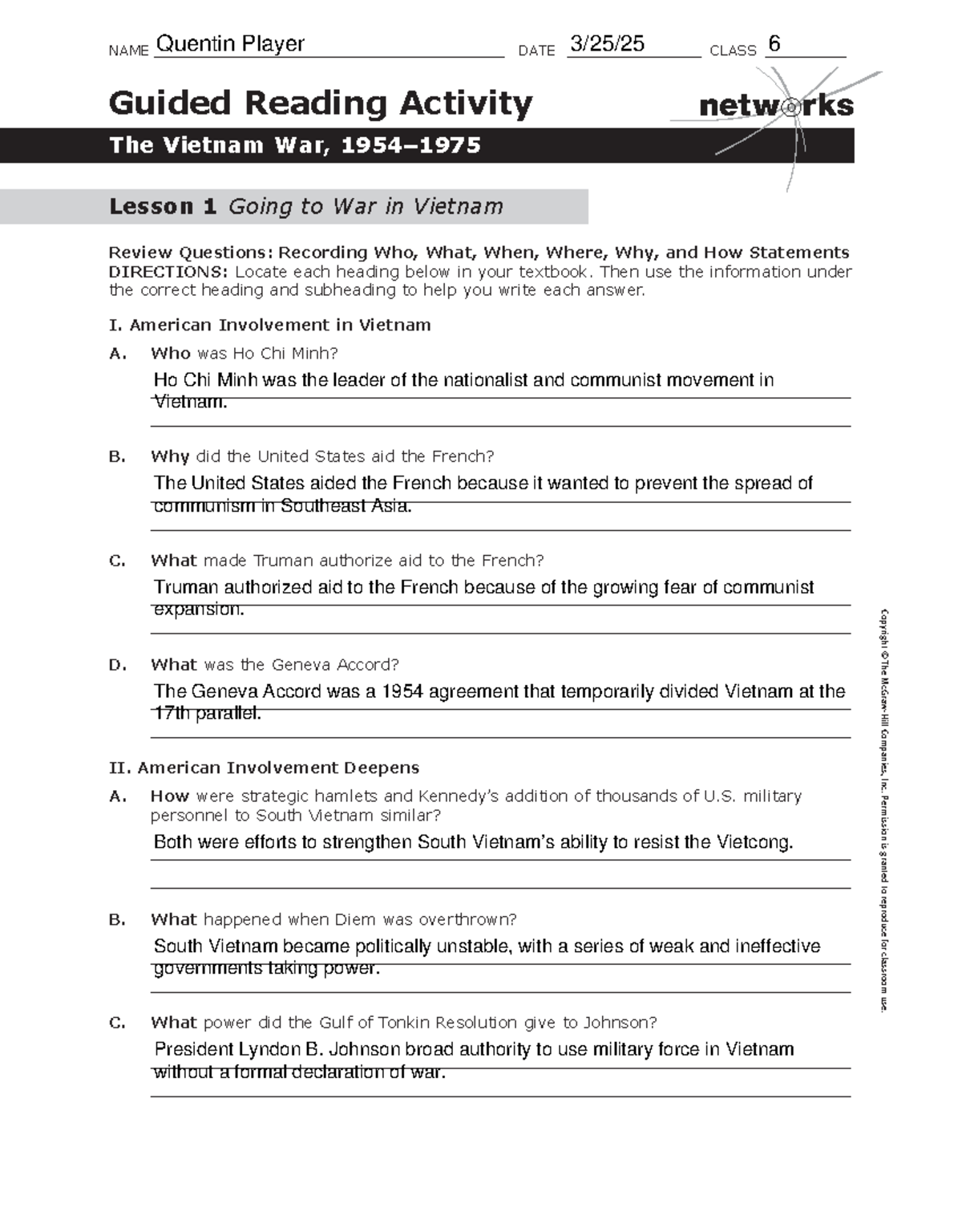 Guided Reading Activity: The Vietnam War Lesson 1 (Course Code: HIST101 ...