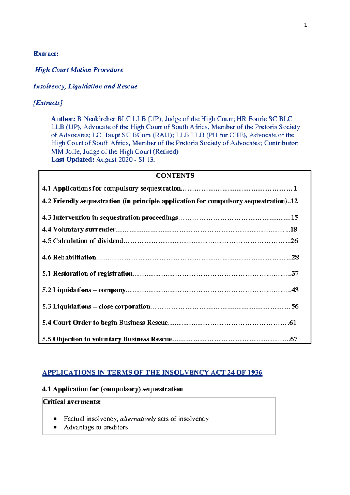 Insolvency Act 24 of 1936: High Court Motion Procedure Extract - Studocu