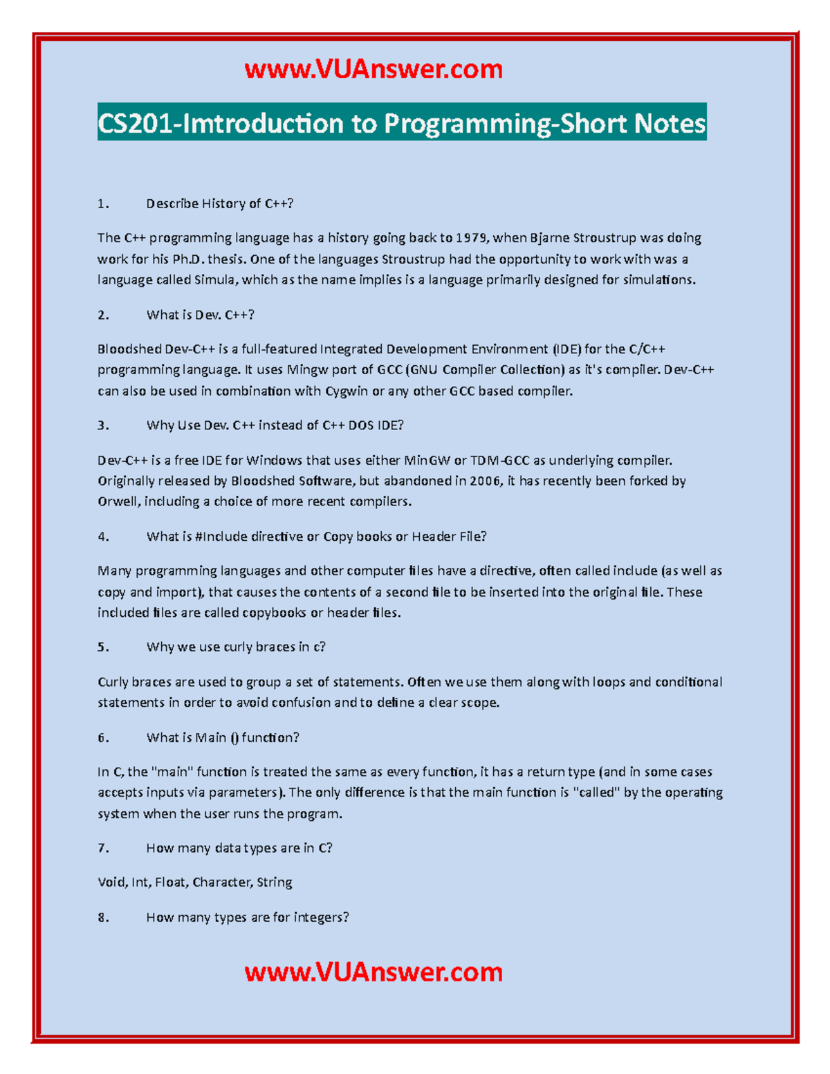 CS201 Midterm Short notes and Subjectives Question and Answer - CS201 ...