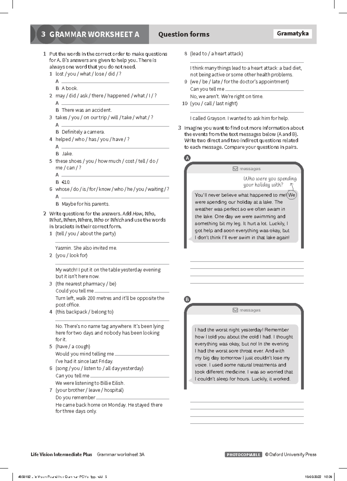 Life Vision Int Plus Grammar Worksheet A: Question Forms - Studocu