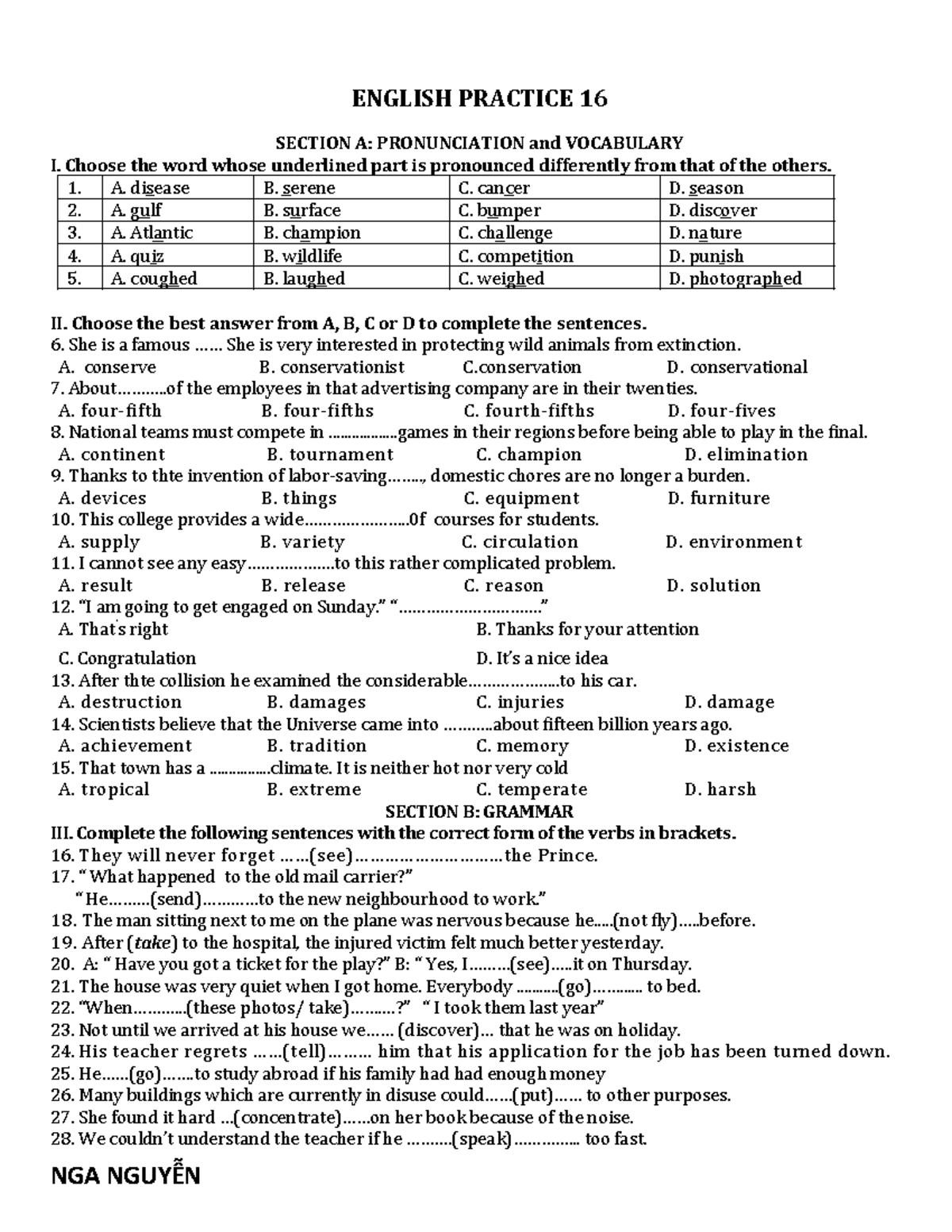 ENGLISH PRACTICE 16: PRONUNCIATION & VOCABULARY EXERCISES - Studocu