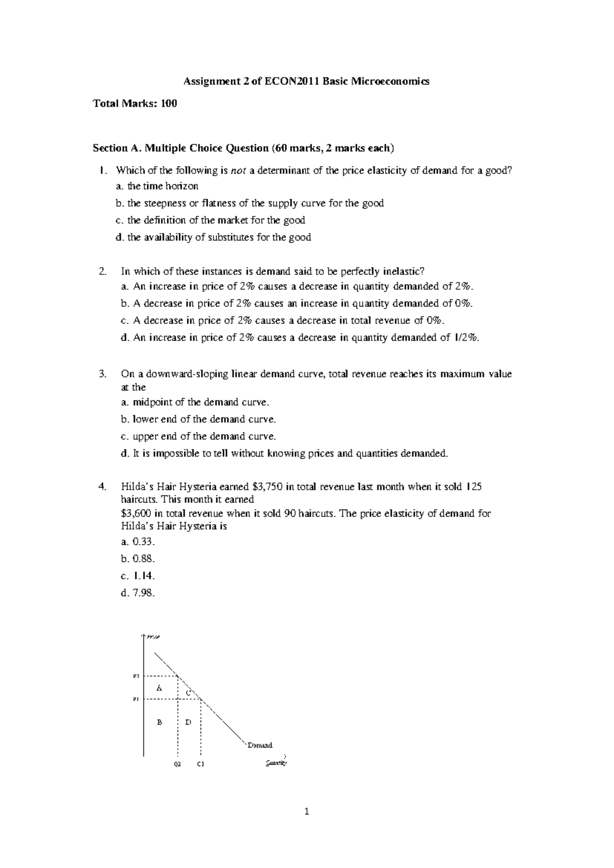 Assignment 2: ECON2011 Basic Microeconomics MCQs & Short Questions ...
