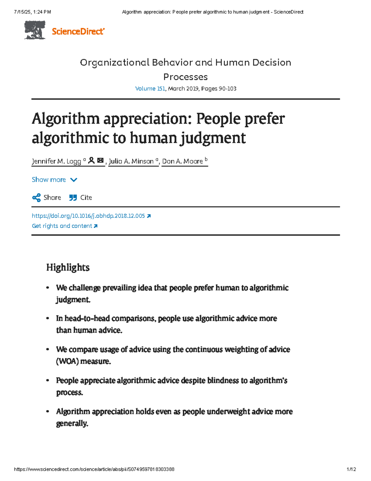 Algorithm Appreciation: Preference for Algorithmic Over Human Judgment in - Studocu