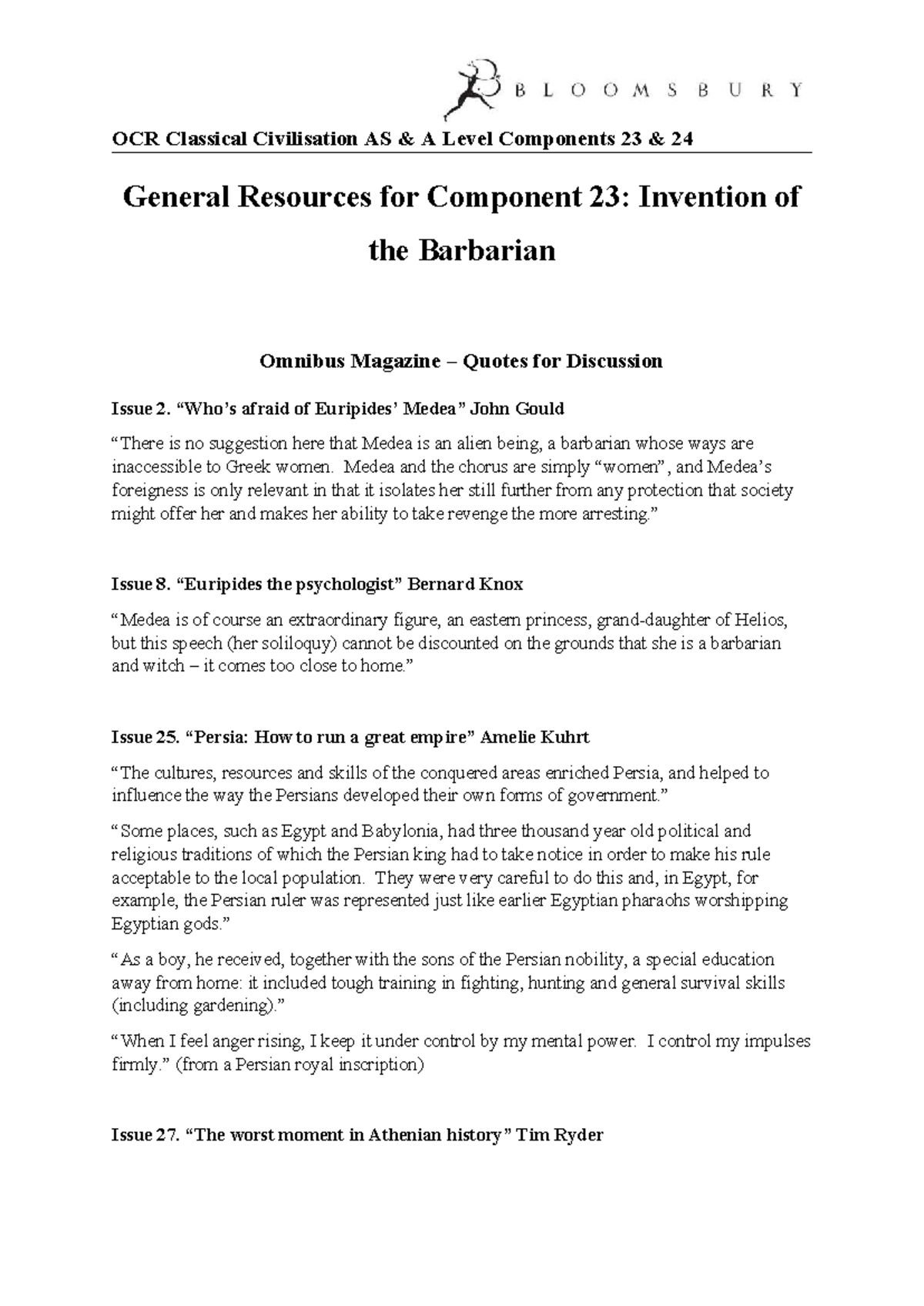 OCR Classical Civilisation AS A Level: Barbarian Omnibus Quotes ...