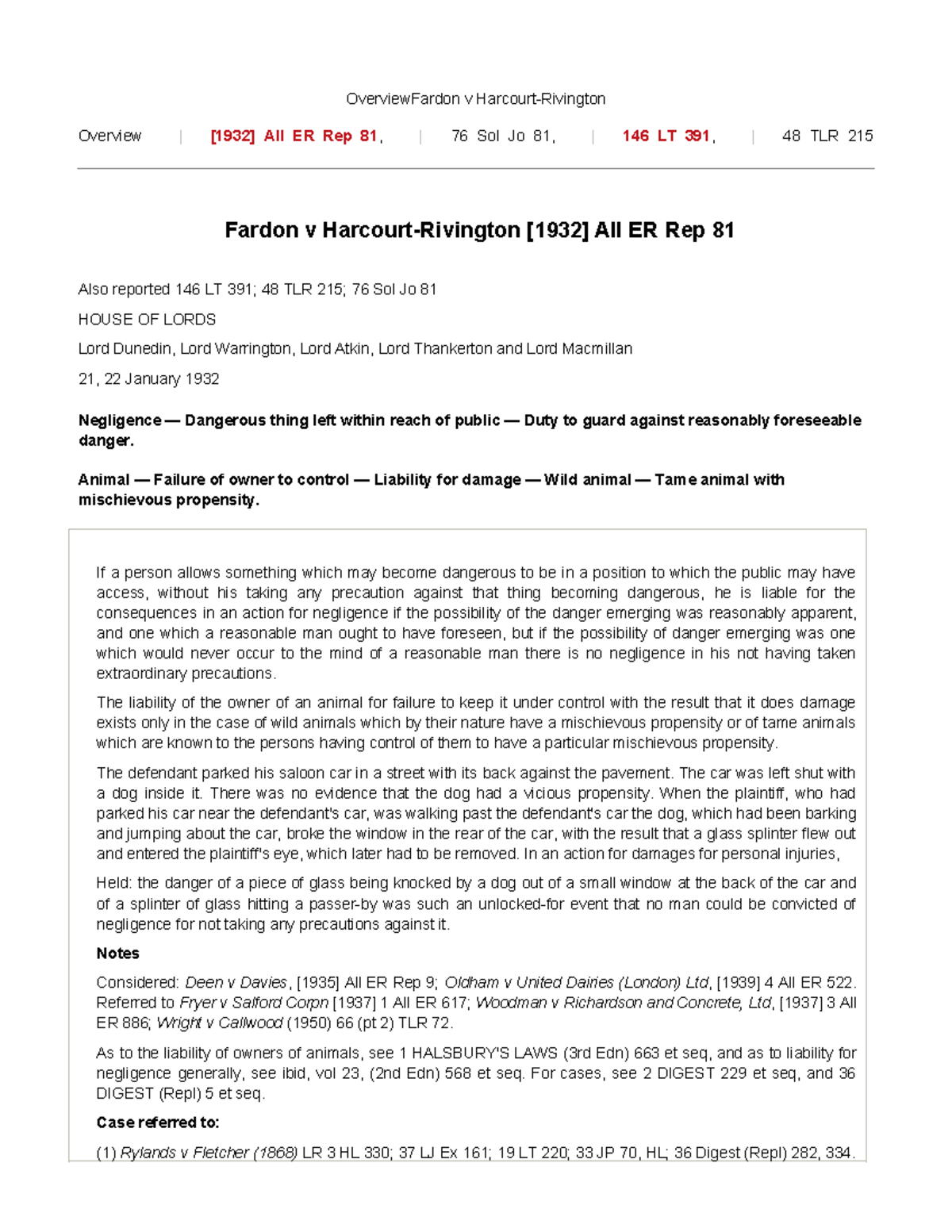 Fardon v Harcourt-Rivington [1932] All ER Rep 81: Negligence ...