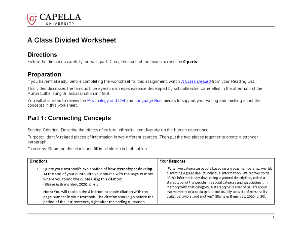 A Class Divided Worksheet: Understanding Stereotypes and Bias - Studocu