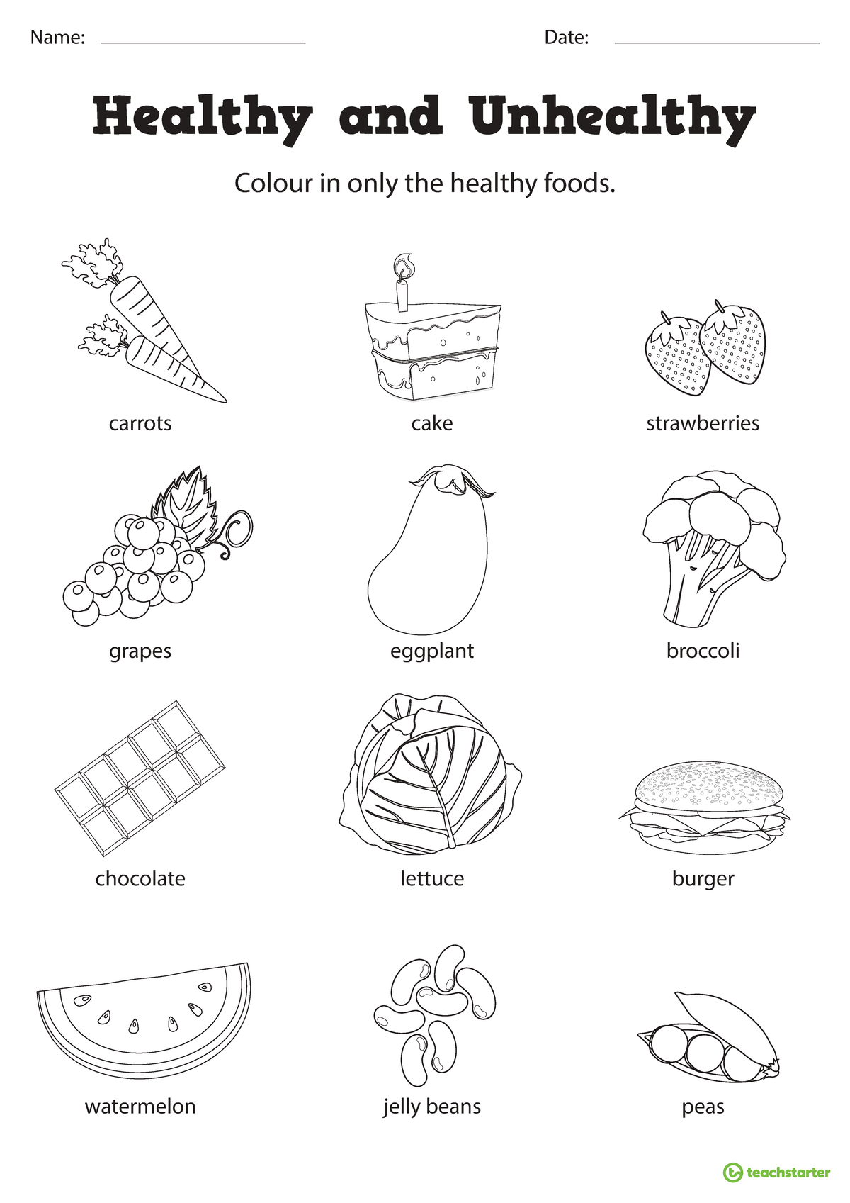 Healthyand Unhealthy Food Choices Worksheets Adobe Reader - carrots ...
