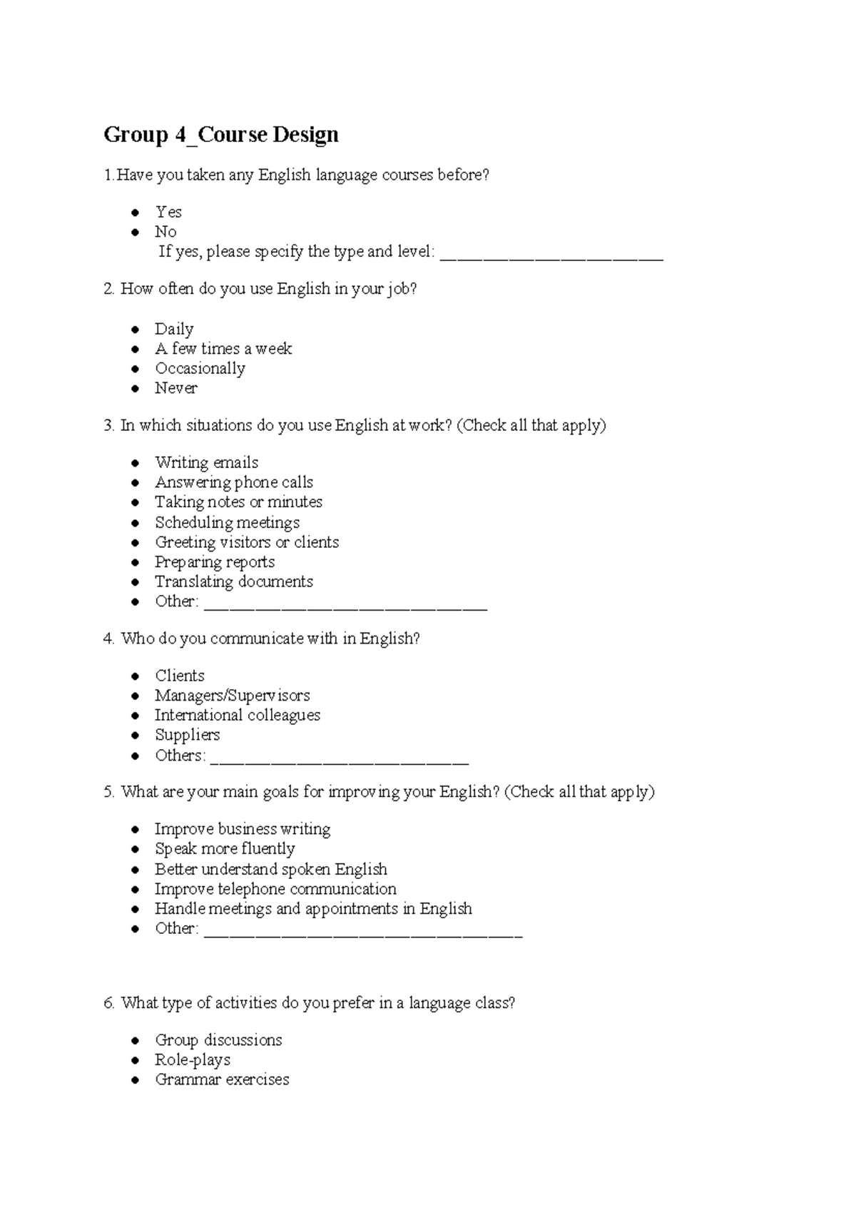 Group 4_Course Design: English Language Proficiency Questionnaire - Studocu