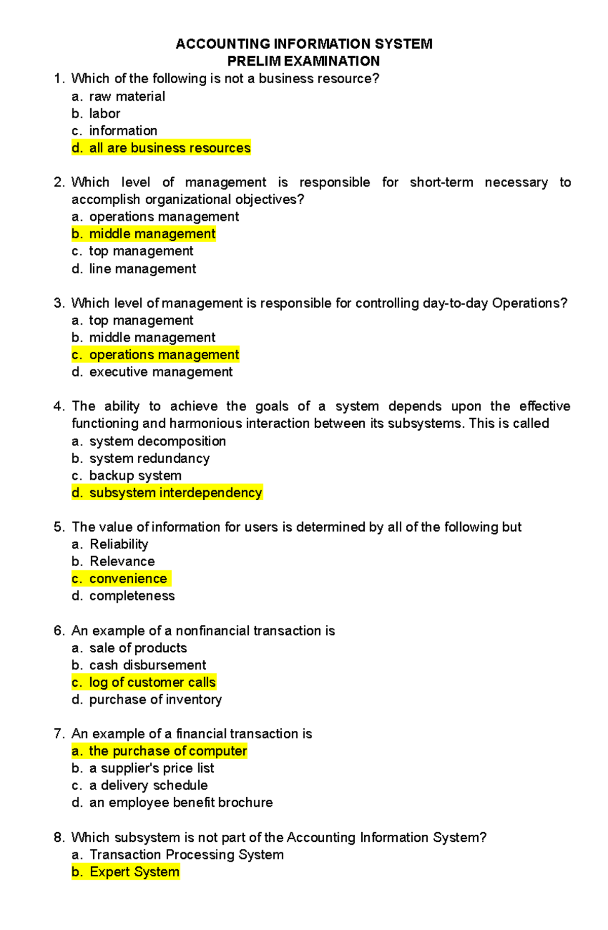AIS-Prelims - Accounting Information System (Ch 1-3) Practice Qs - Studocu