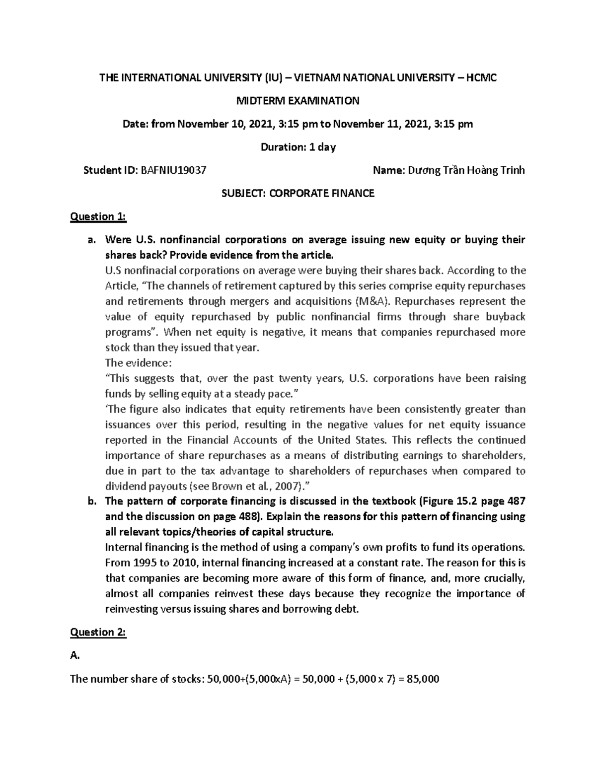 Corporate Finance (FIN301) - Midterm Exam Solutions and Analysis - Studocu