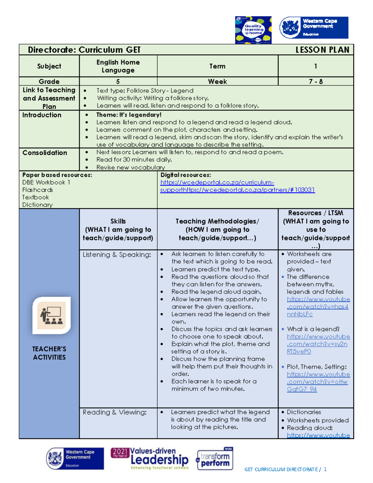 Grade 5 English HL Lesson Plan: Folklore Stories (T1 W7-8) - Studocu