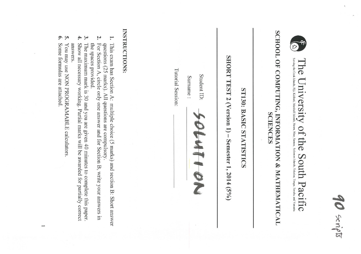 ST130 TEST 2 Solutions - Basic Statistics - USP - Studocu