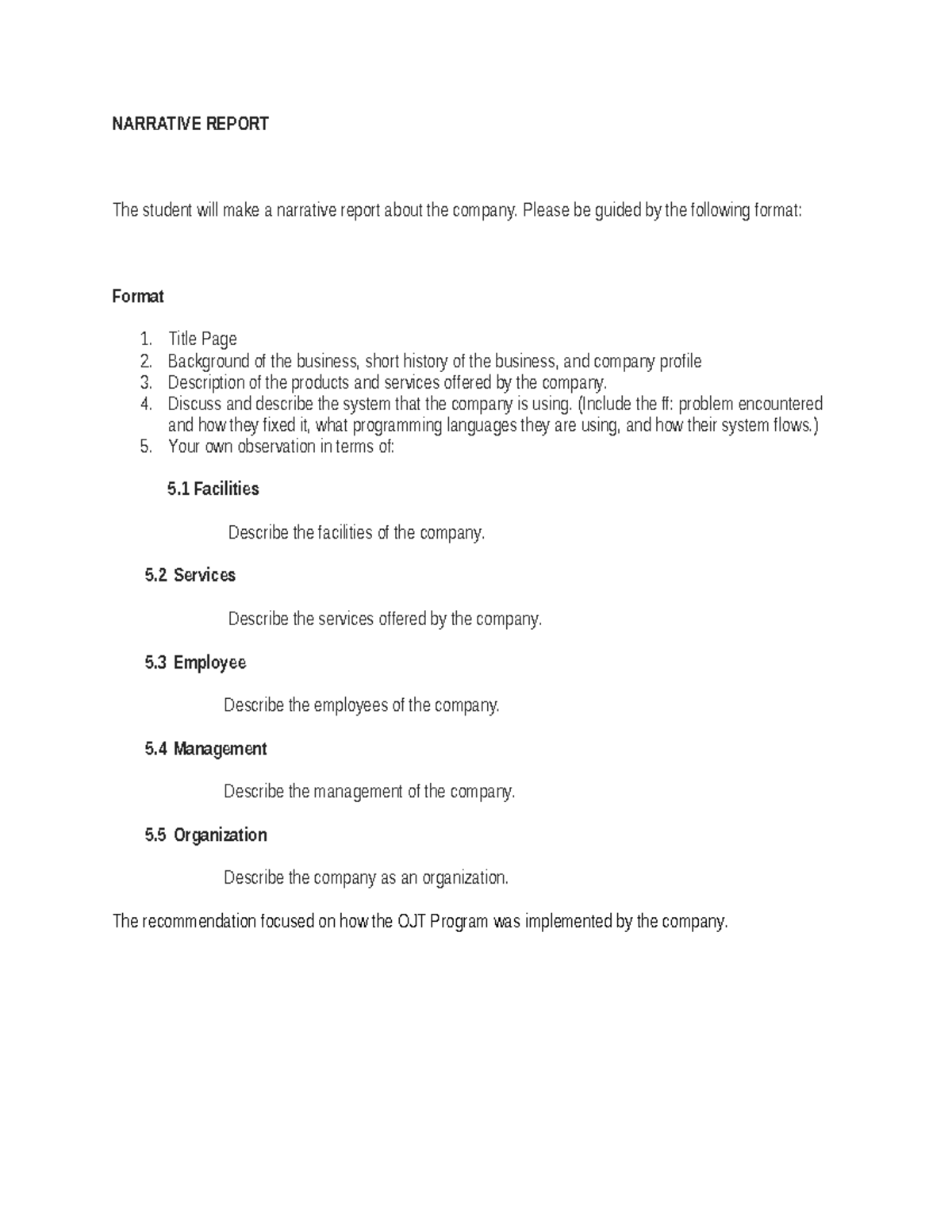 Narrative report template - NARRATIVE REPORT The student will make a ...