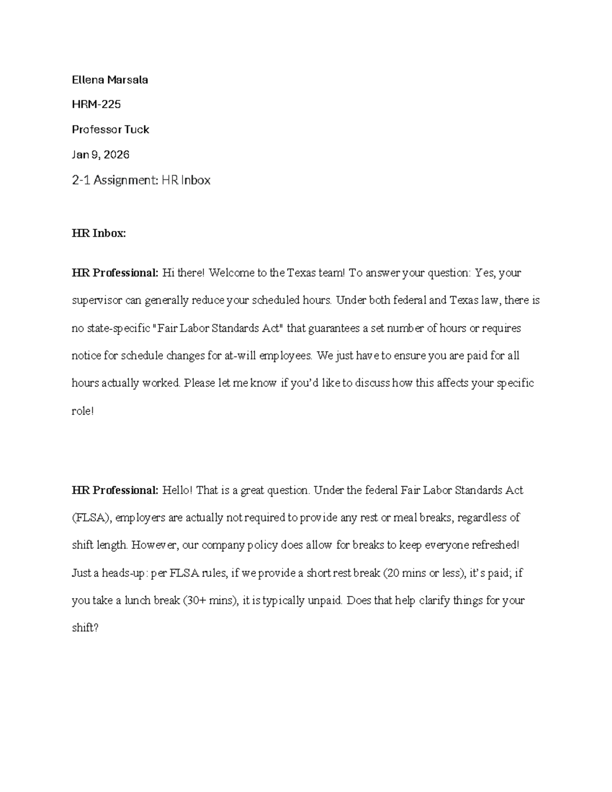 HR Inbox Assignment: Understanding Work Hours & Breaks - Ellena Marsala ...